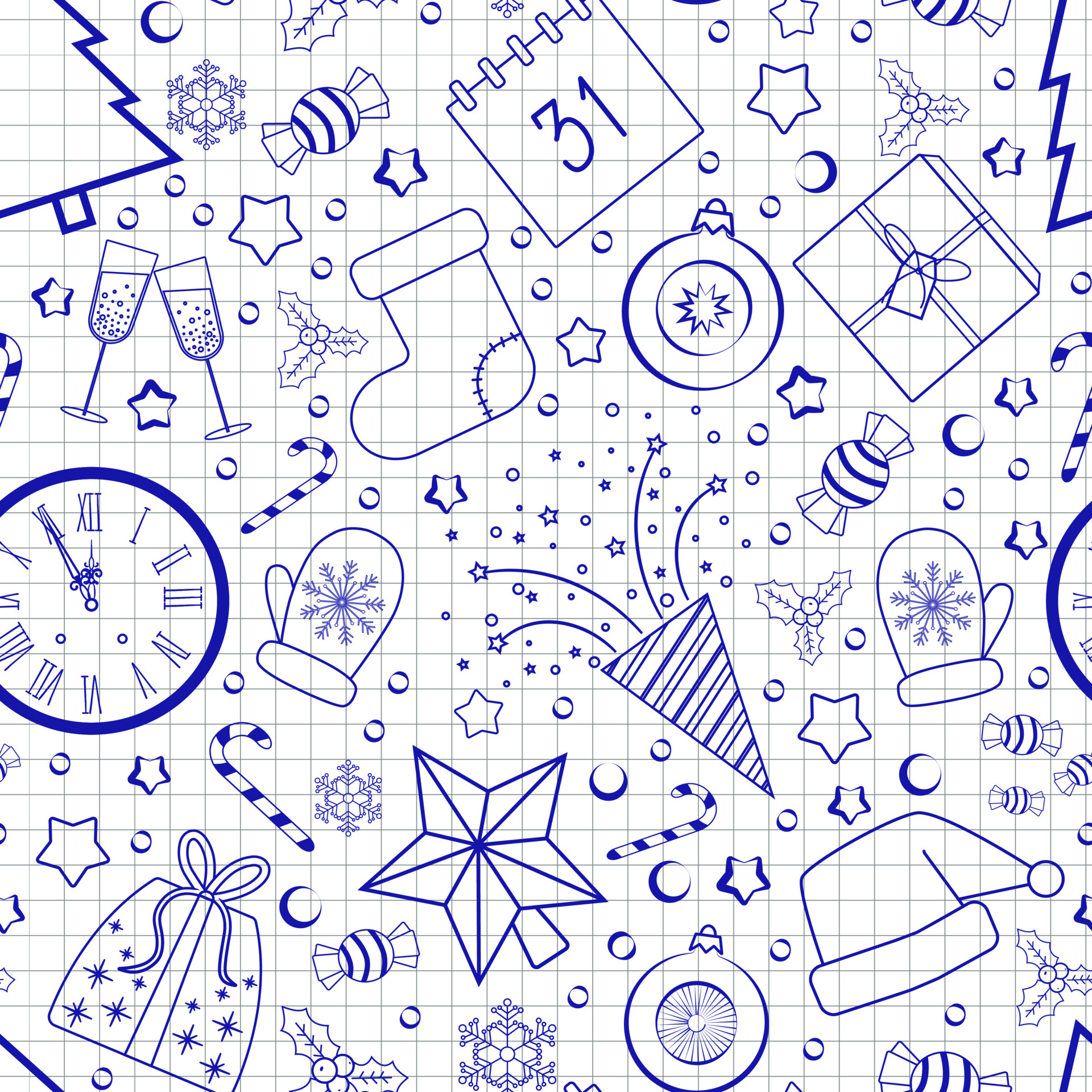 seamless New Year pattern blue doodles on checkered paper like in a ...