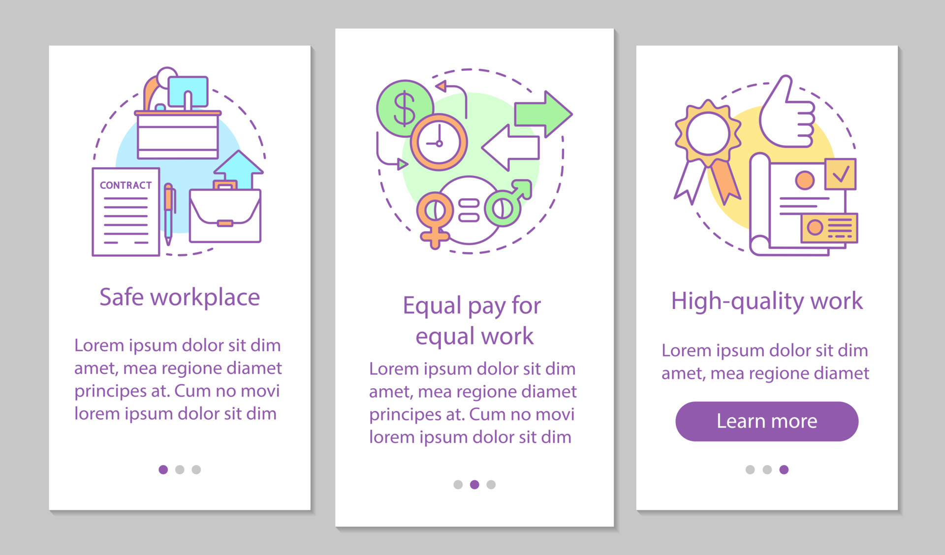 Work Ethics Onboarding Mobile App Page Screen Vector Template Safe Workplace Equal Pay For