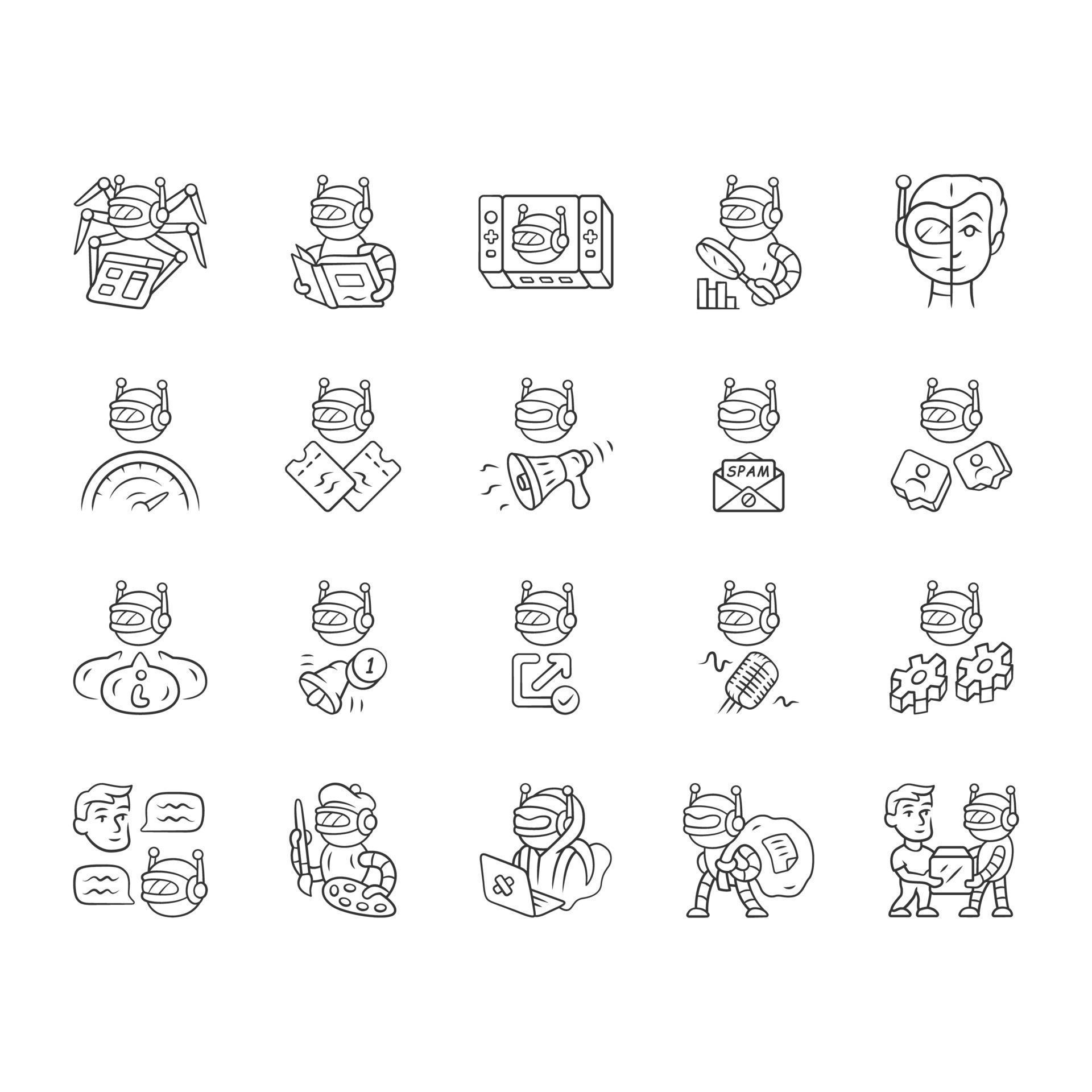 Bot types linear icons set. Crawler, hacker, spambot, scraper robot. Artificial intelligence, ai ...