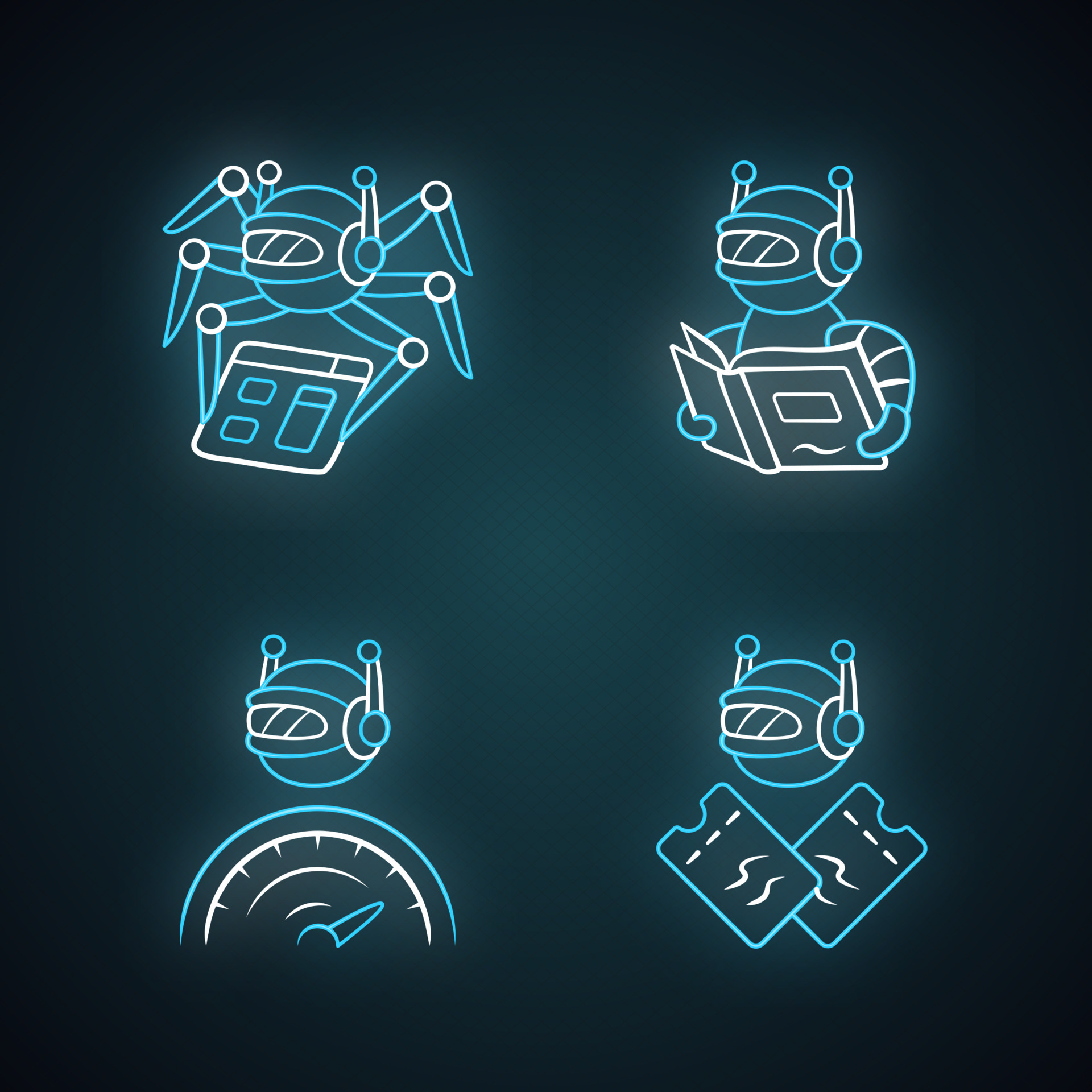 Internet bots neon light icons set. Crawler, text-reading, optimizer, scalper robot. Artificial ...