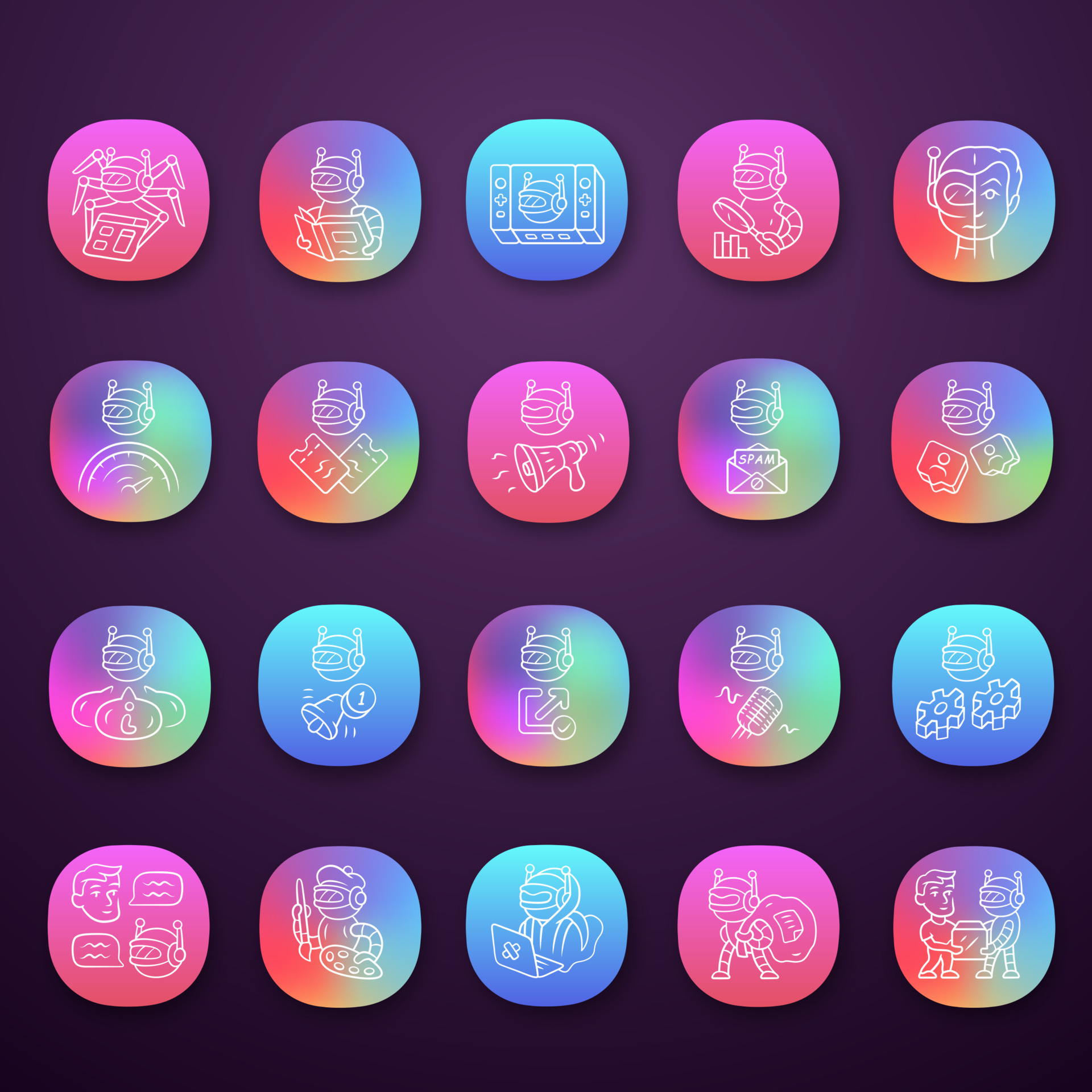Bot Types App Icons Set Crawler Hacker Spambot Impersonator