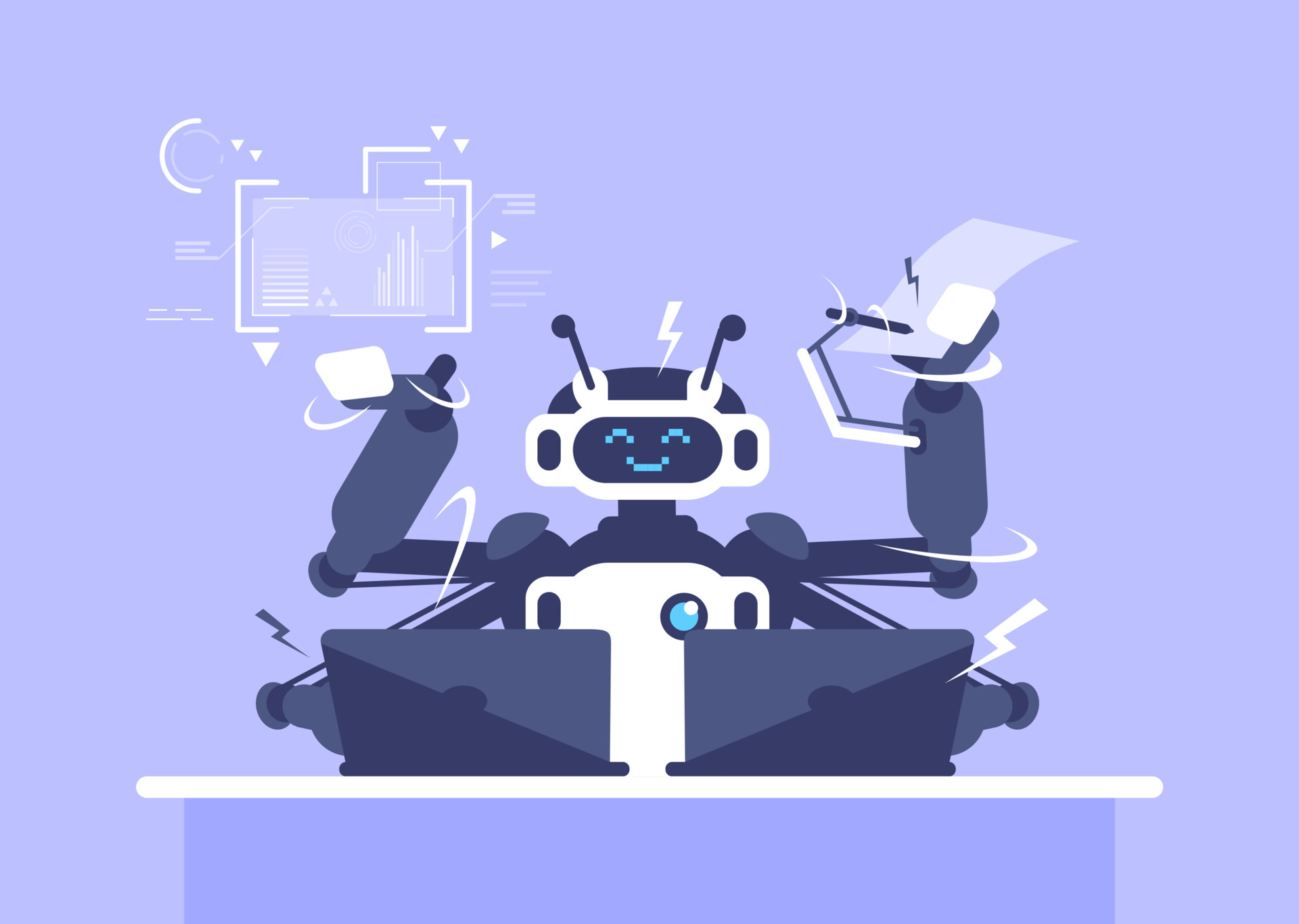 Multitasking Robot Flat Vector Illustration Office Worker Manager With Artificial Intelligence
