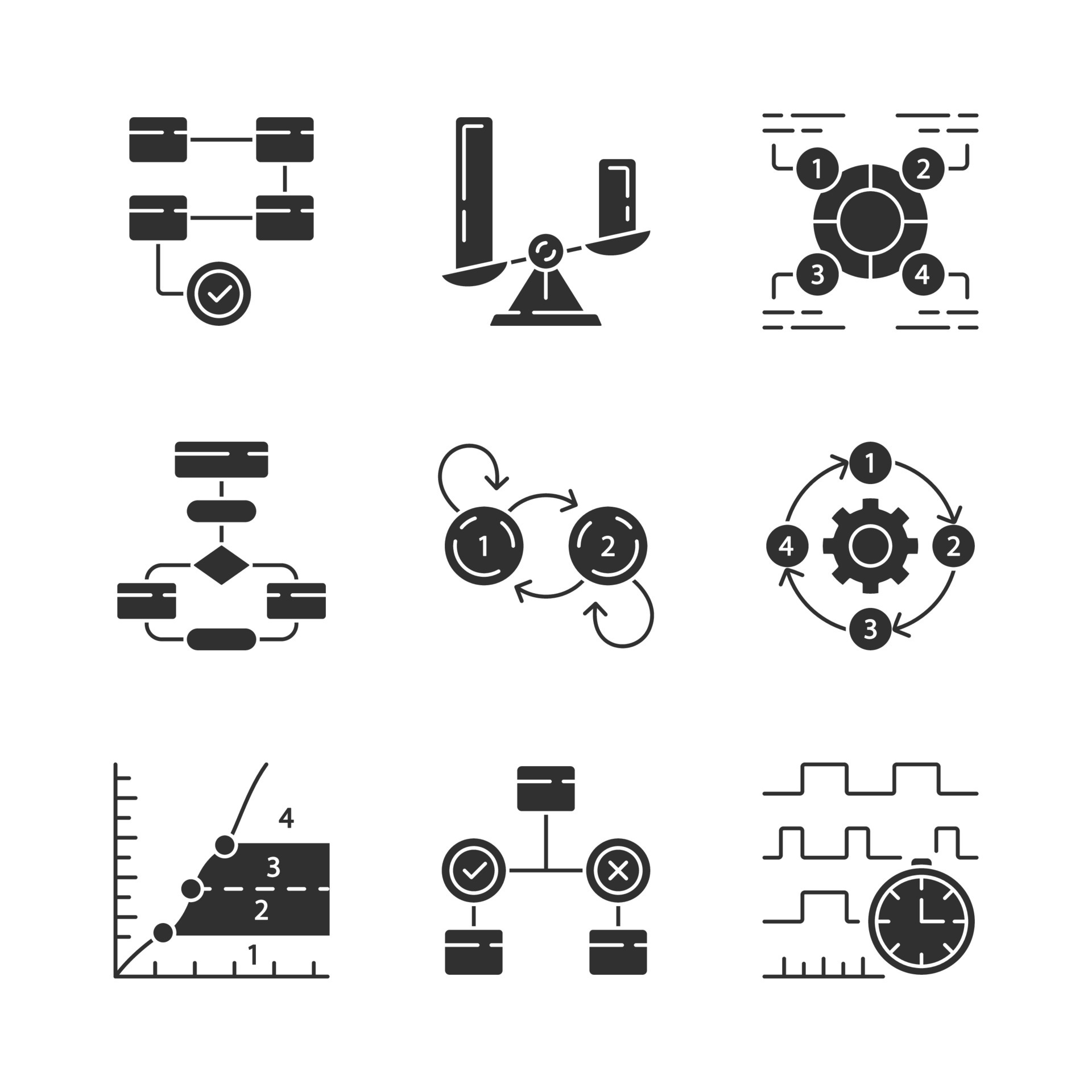 Diagram concepts glyph icons set. Statistics data and process flow ...