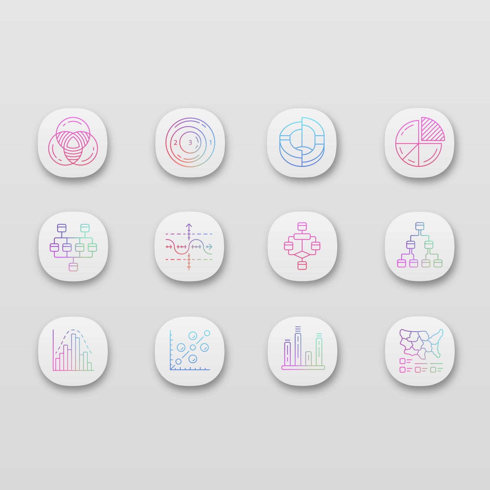 Diagrams app icons set. Schematic representation of info. Statistics ...