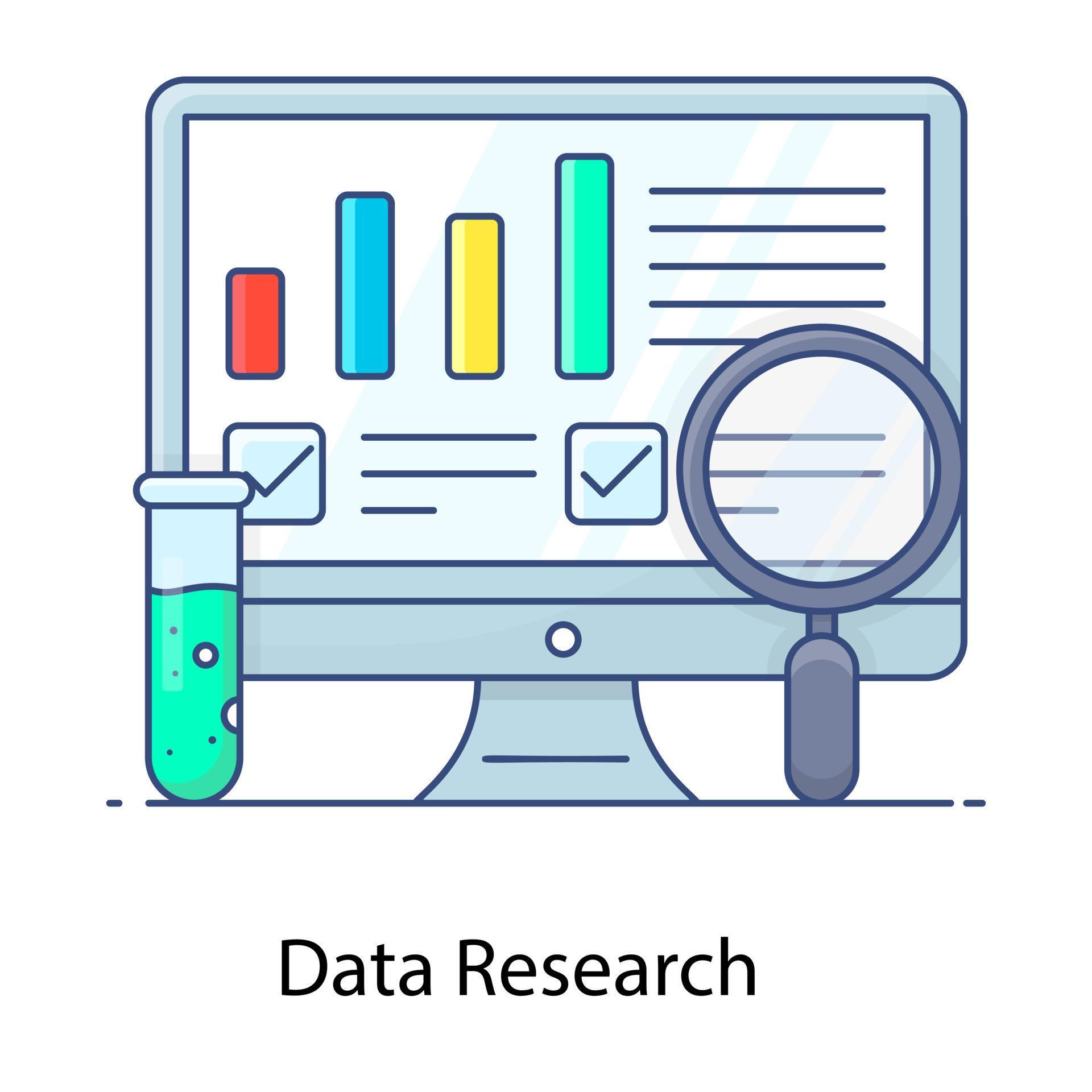 Data research flat outline concept icon showing, review collected data ...