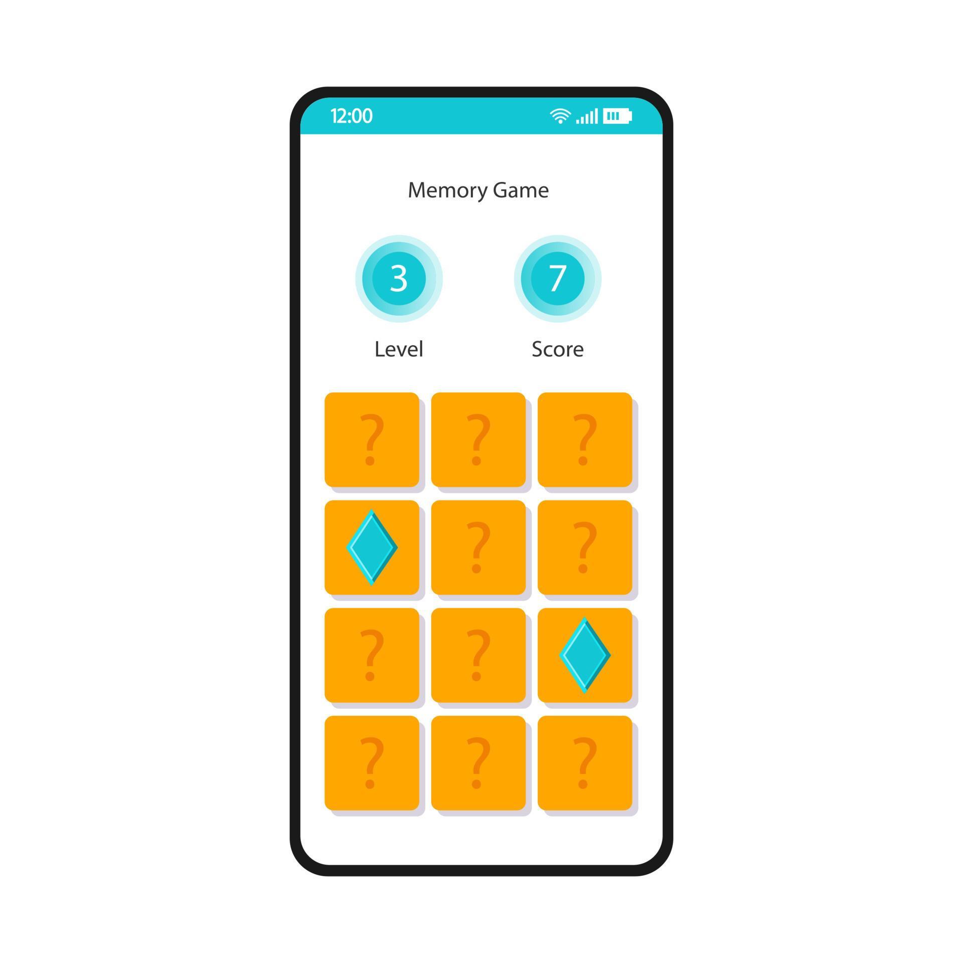 Memory Game Smartphone Interface Vector Template Mobile App Page White