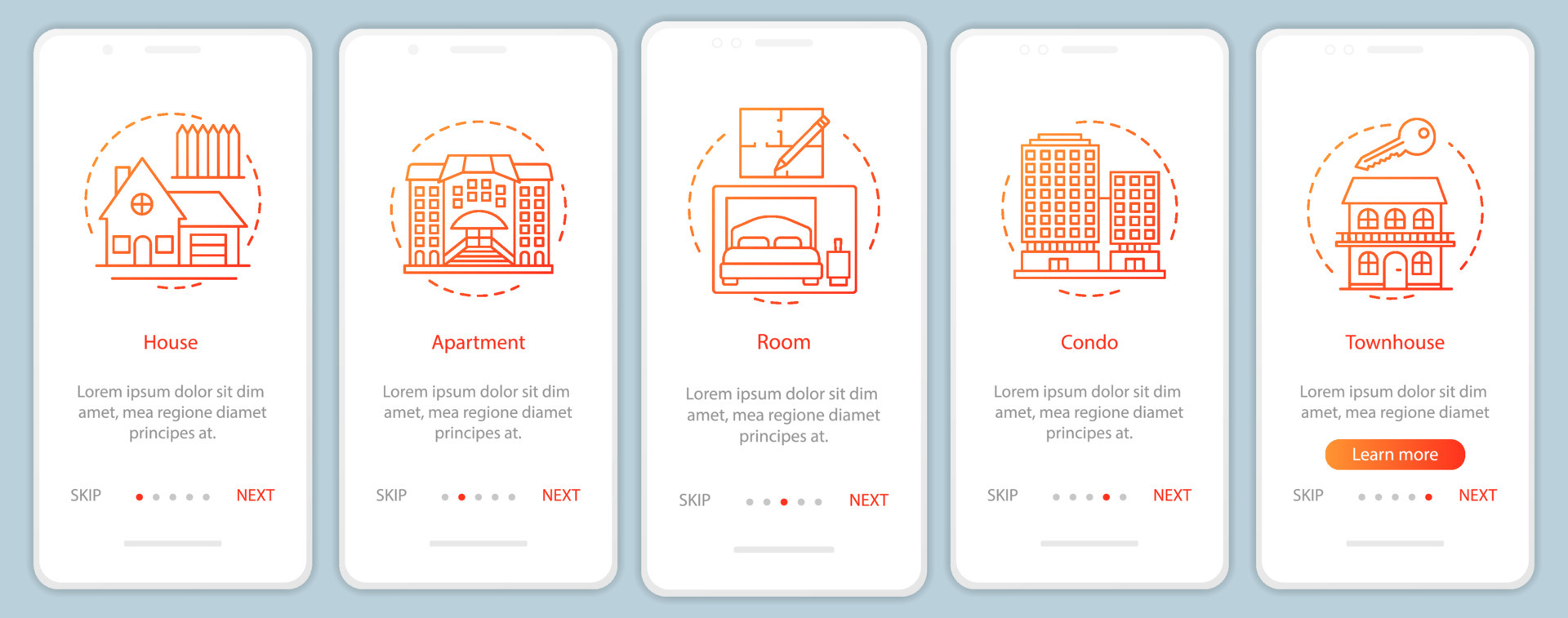 Real Estate Onboarding Mobile App Page Screen With Linear Concepts