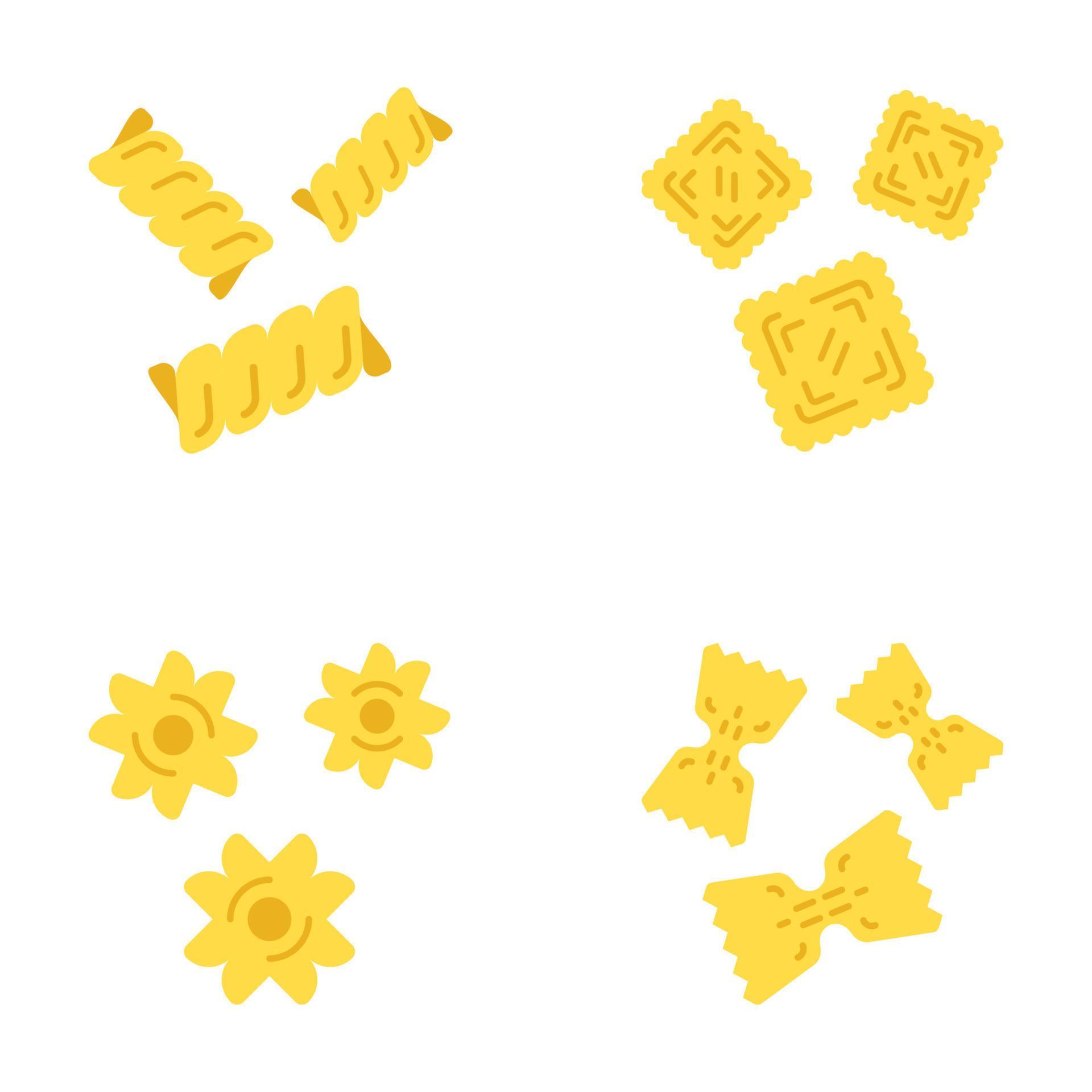 Pasta Noodles Types Flat Design Long Shadow Color Icons Set Macaroni
