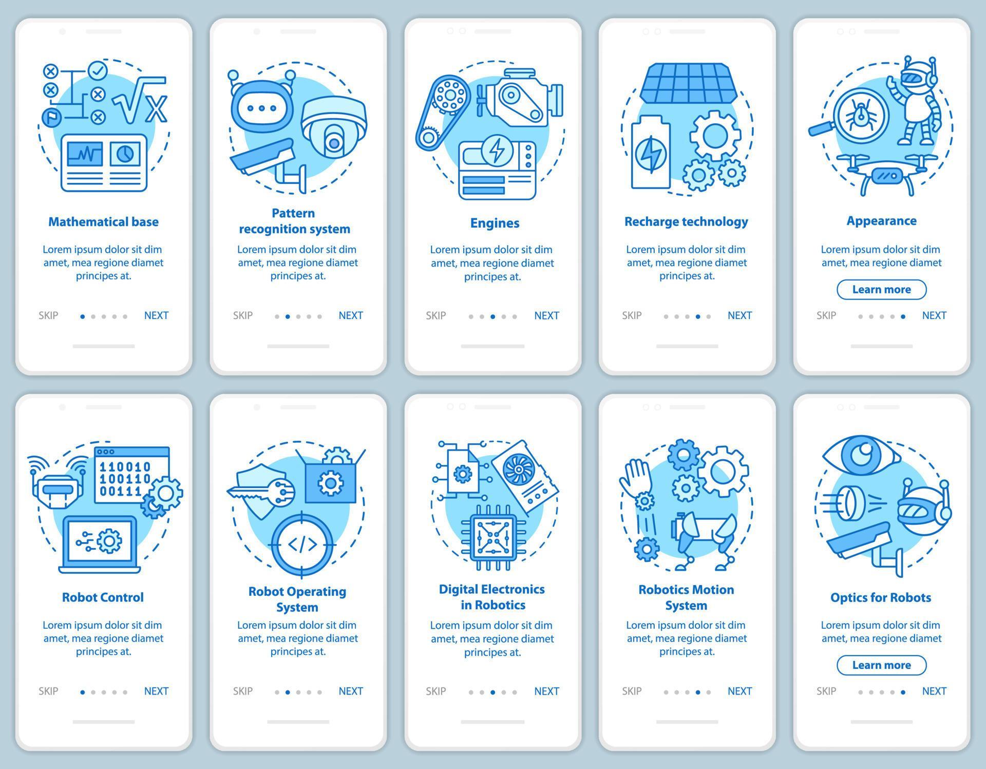 Robotics Courses Onboarding Mobile App Page Screen Vector Template Set Robots Engineering
