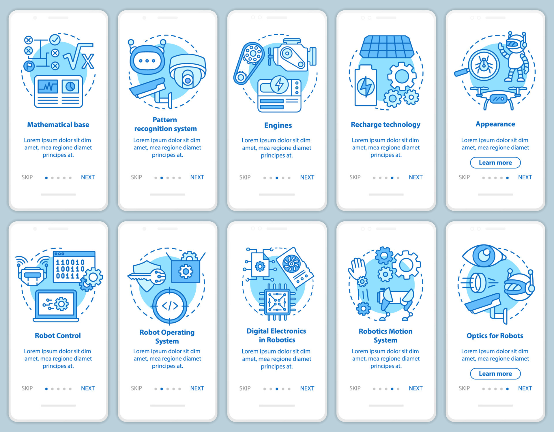 Robotics Courses Onboarding Mobile App Page Screen Vector Template Set Robots Engineering