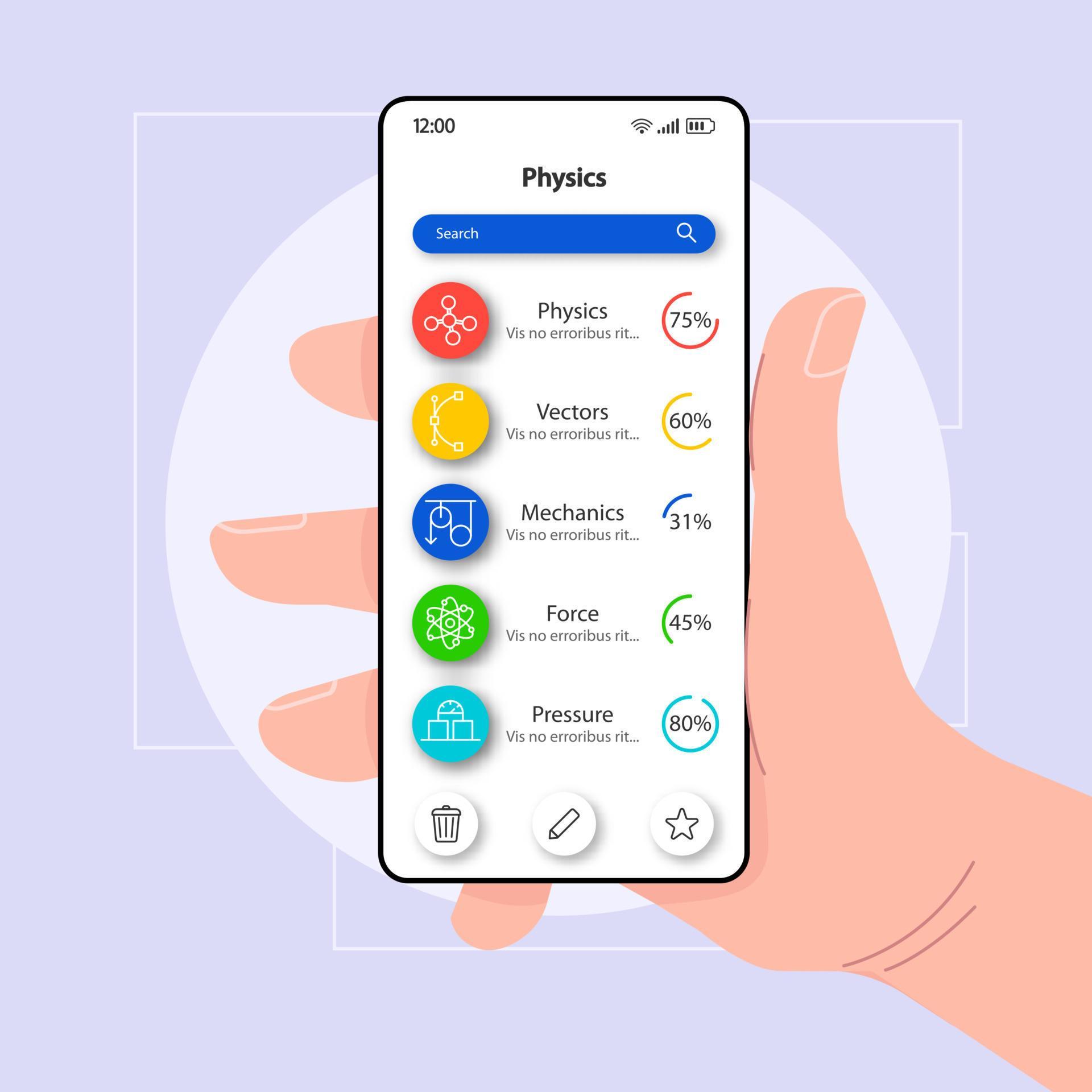 Physics categories smartphone interface vector template. Mobile app ...