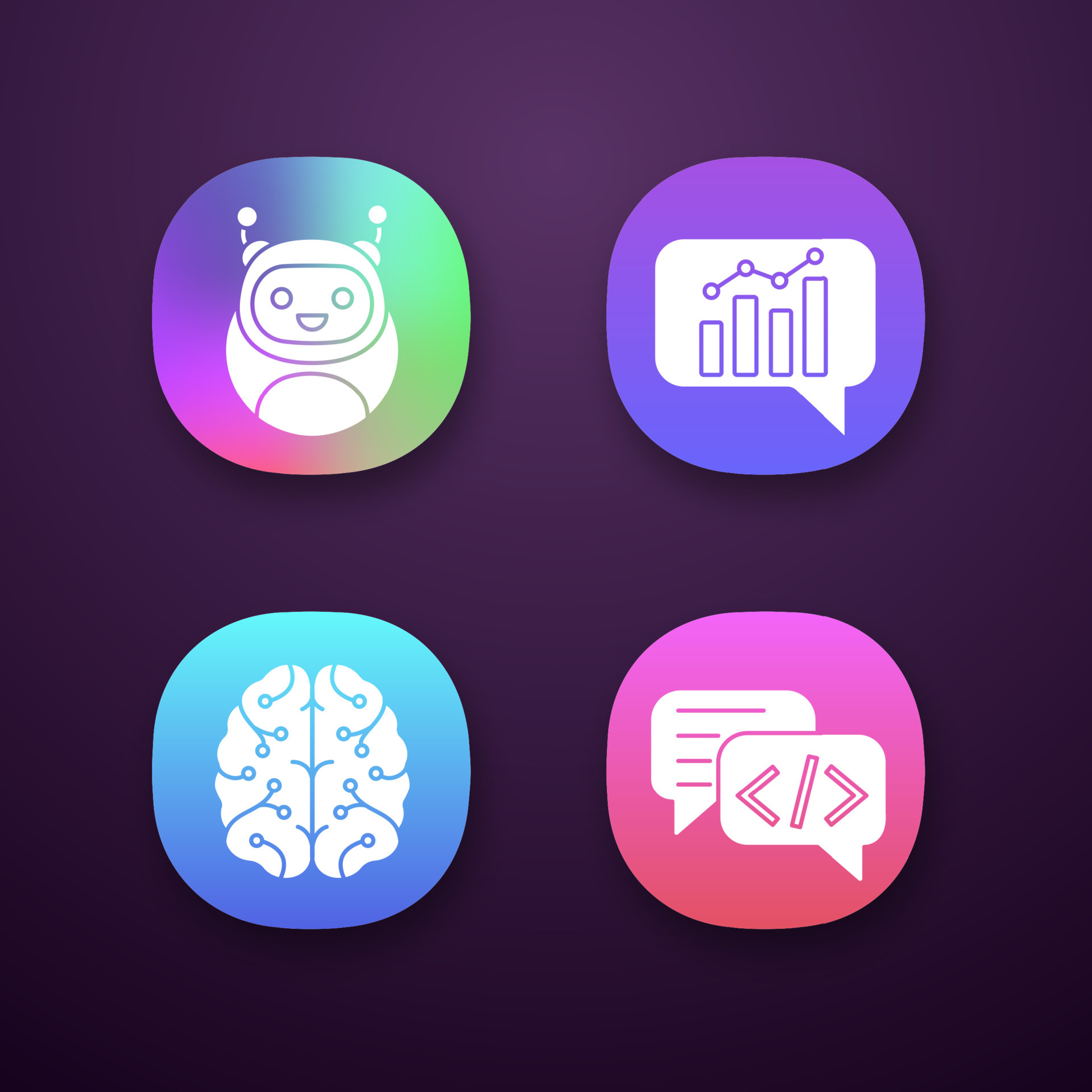 Chatbots App Icons Set Ui Ux User Interface Virtual Assistants Code Statistics Support Chat