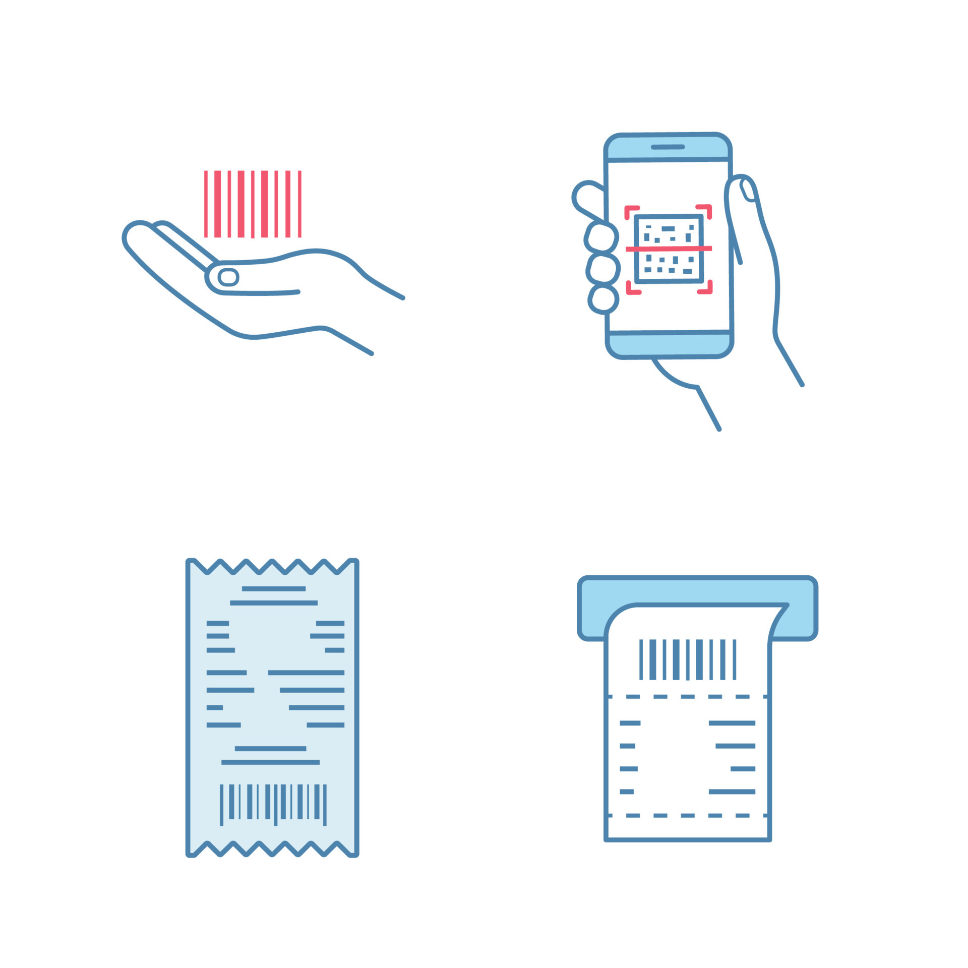 Barcodes color icons set. Linear barcode in hand, QR codes scanning app ... Barcodes color icons set. Linear barcode in hand, QR codes scanning app ...