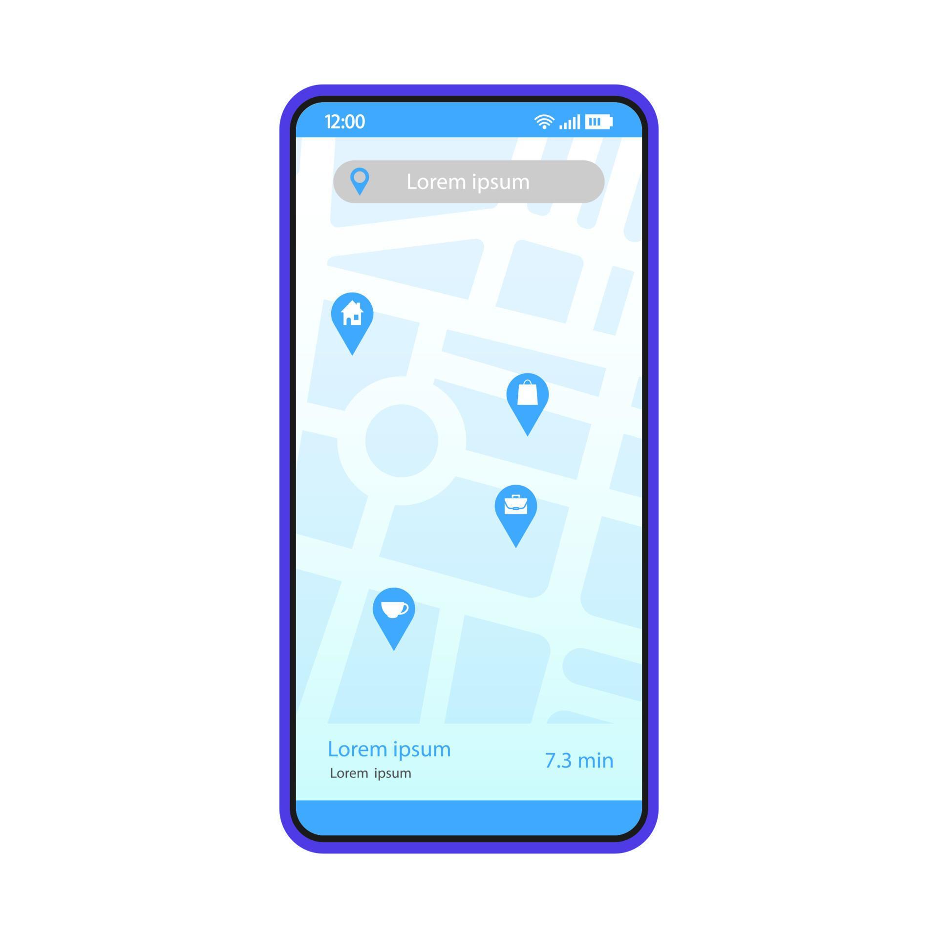 GPS navigation app interface vector template. Mobile application page blue design layout. Route ...