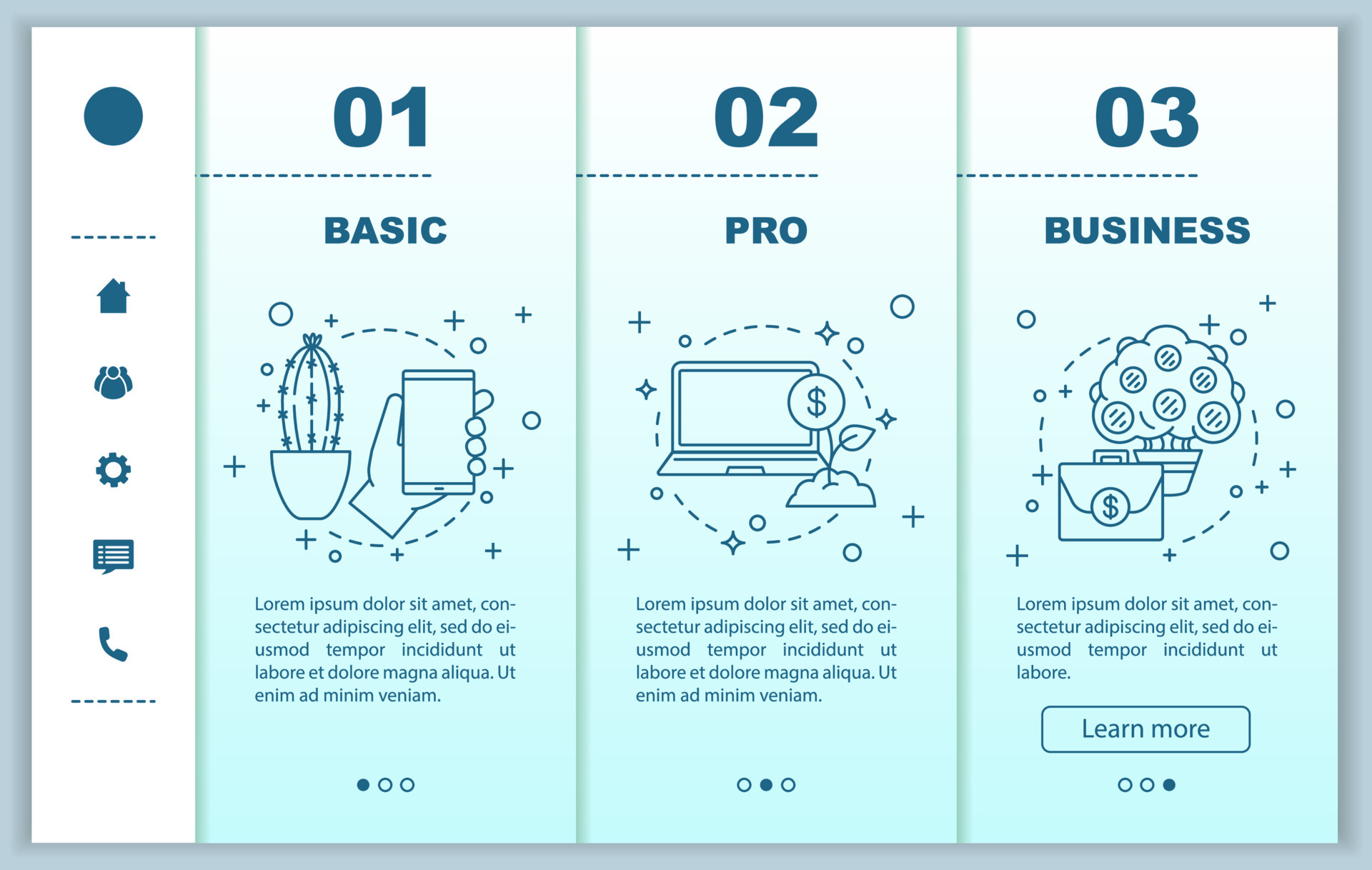 Business Development Onboarding Mobile Web Pages Vector Template Basic Pro Options Financial