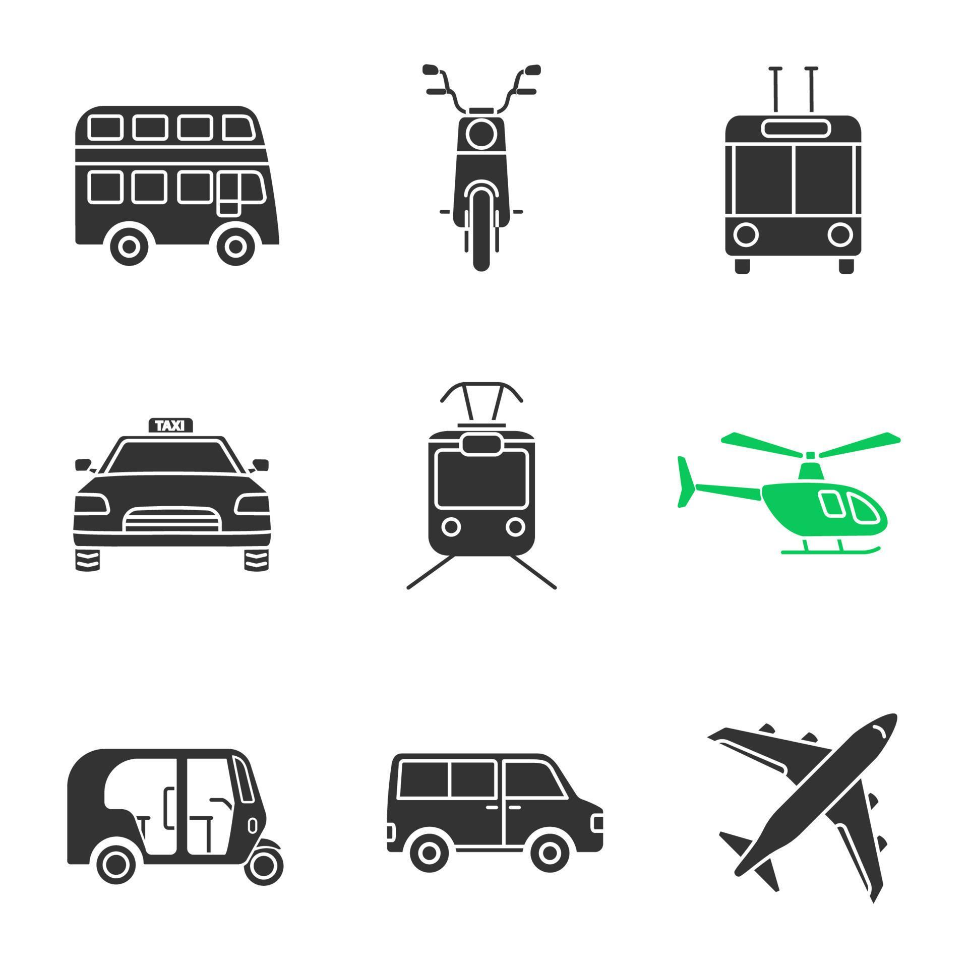 Public transport glyph icons set. Silhouette symbols. Modes of ... Public transport glyph icons set. Silhouette symbols. Modes of ...