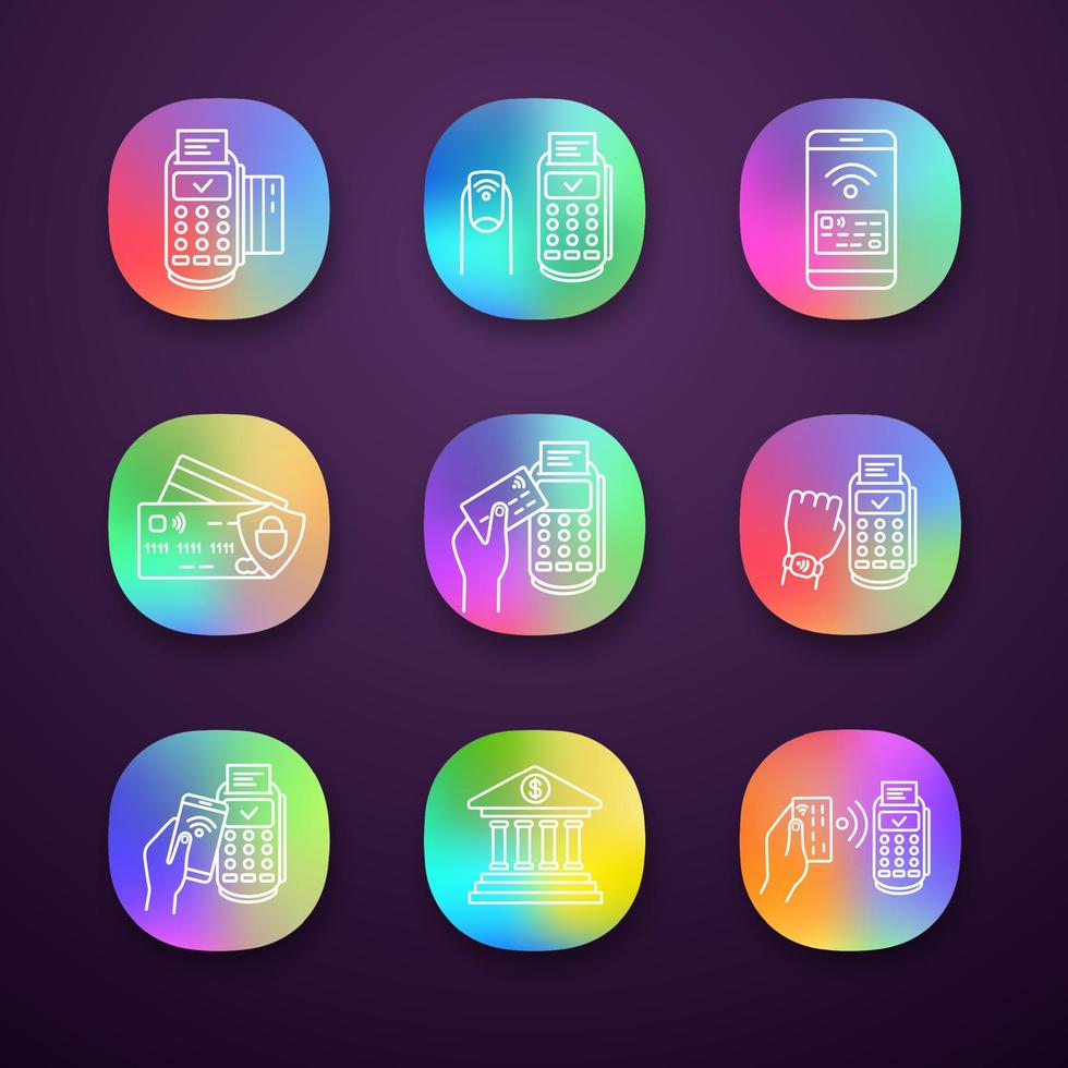 NFC payment app icons set. POS terminal, online banking, pay with smartphone, credit card, NFC ...