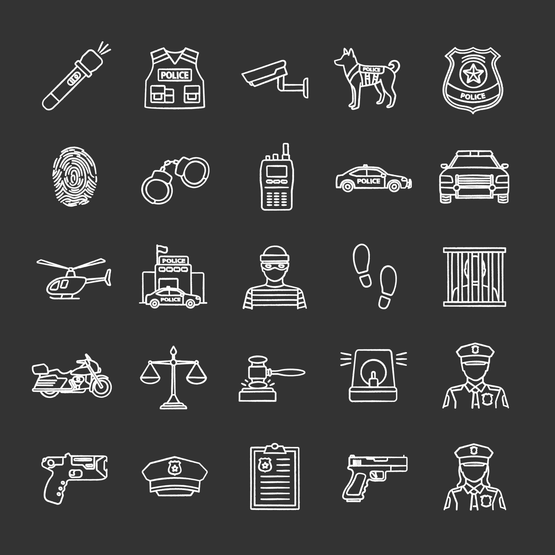 Police chalk icons set. Law enforcement. Transport, protection ... Police chalk icons set. Law enforcement. Transport, protection ...