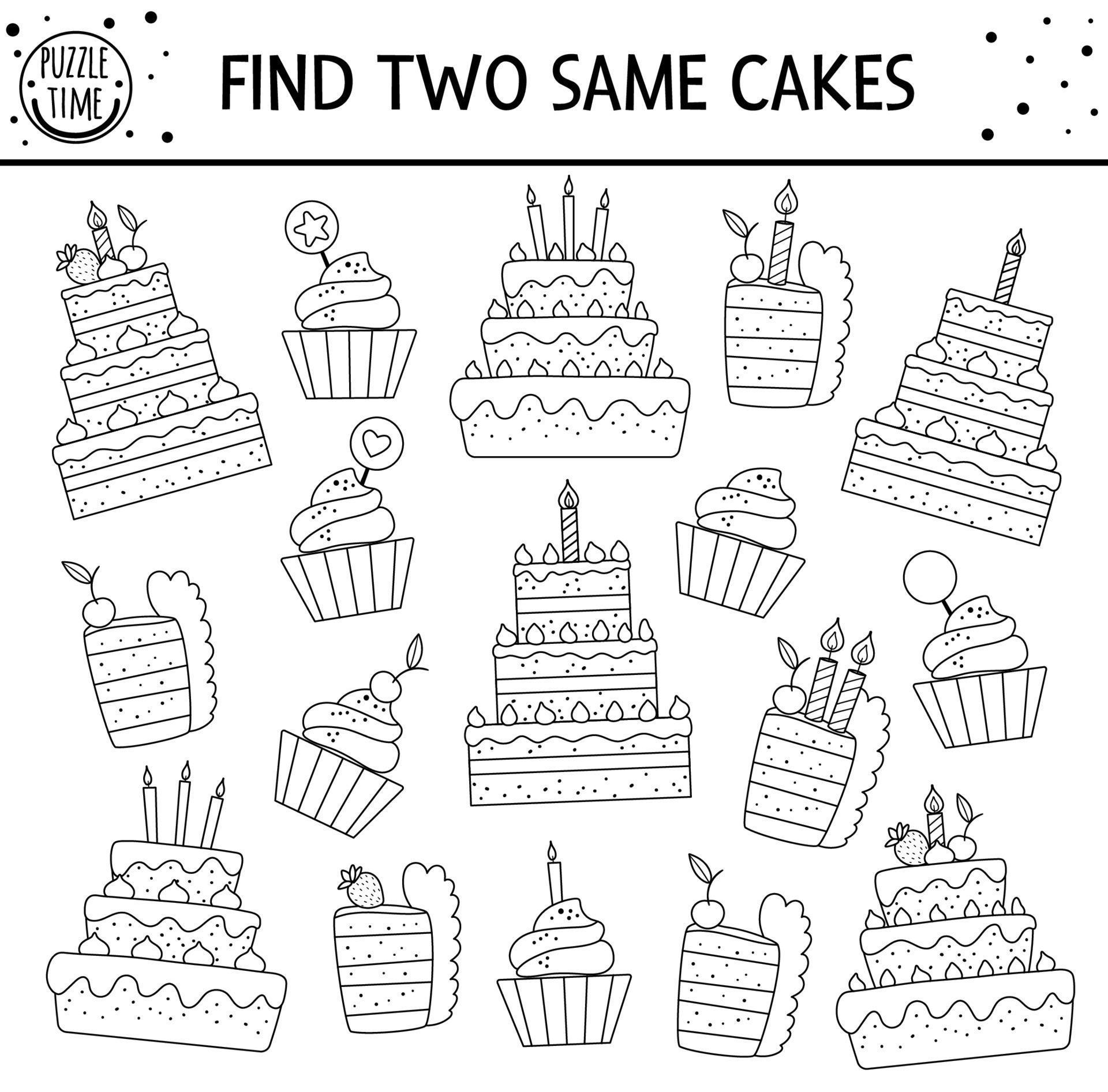 Find two same cakes. Holiday black and white matching activity for ...