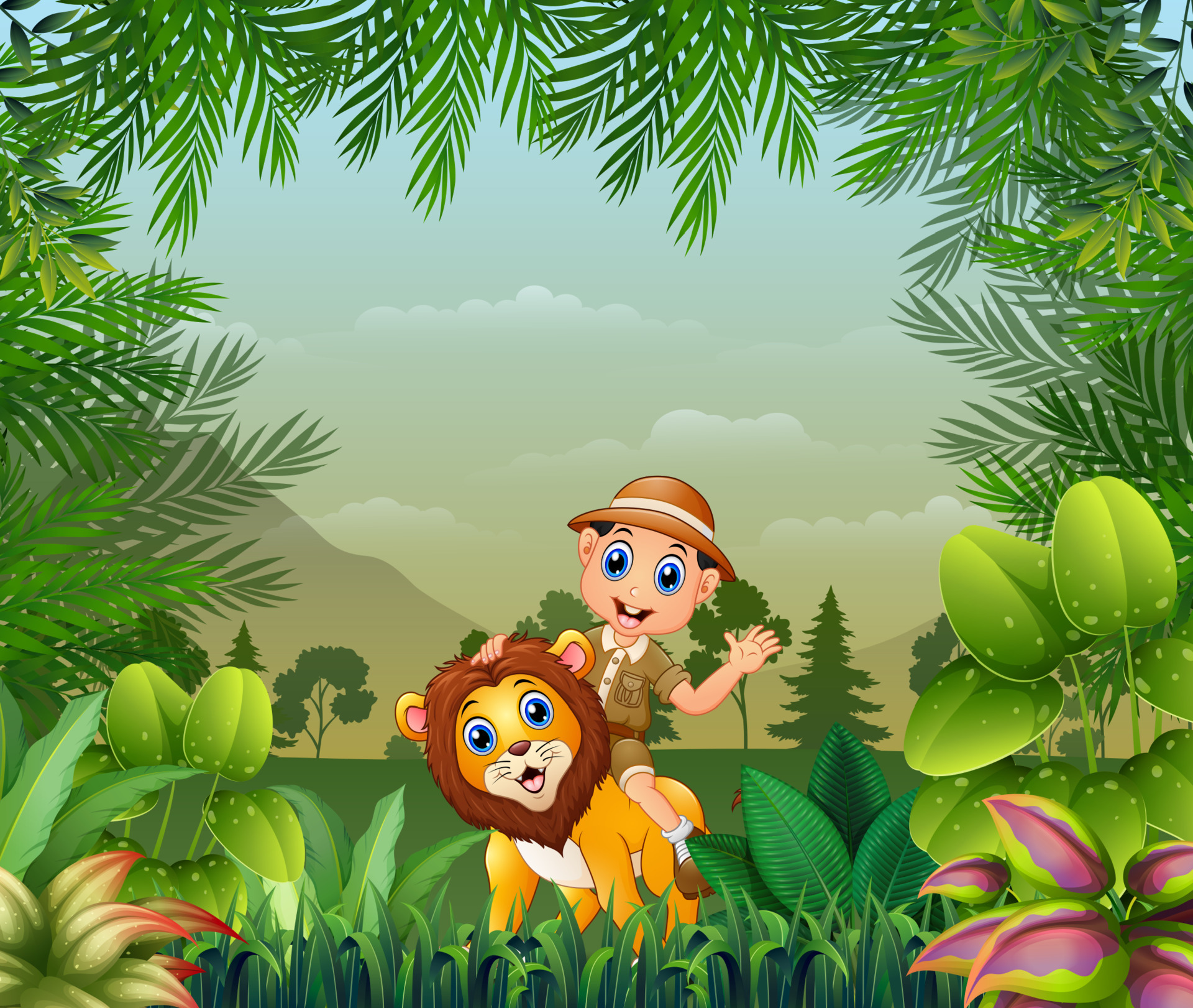 Jungle or zoo background with zookeeper and lion 5220580 Vector Art at ...