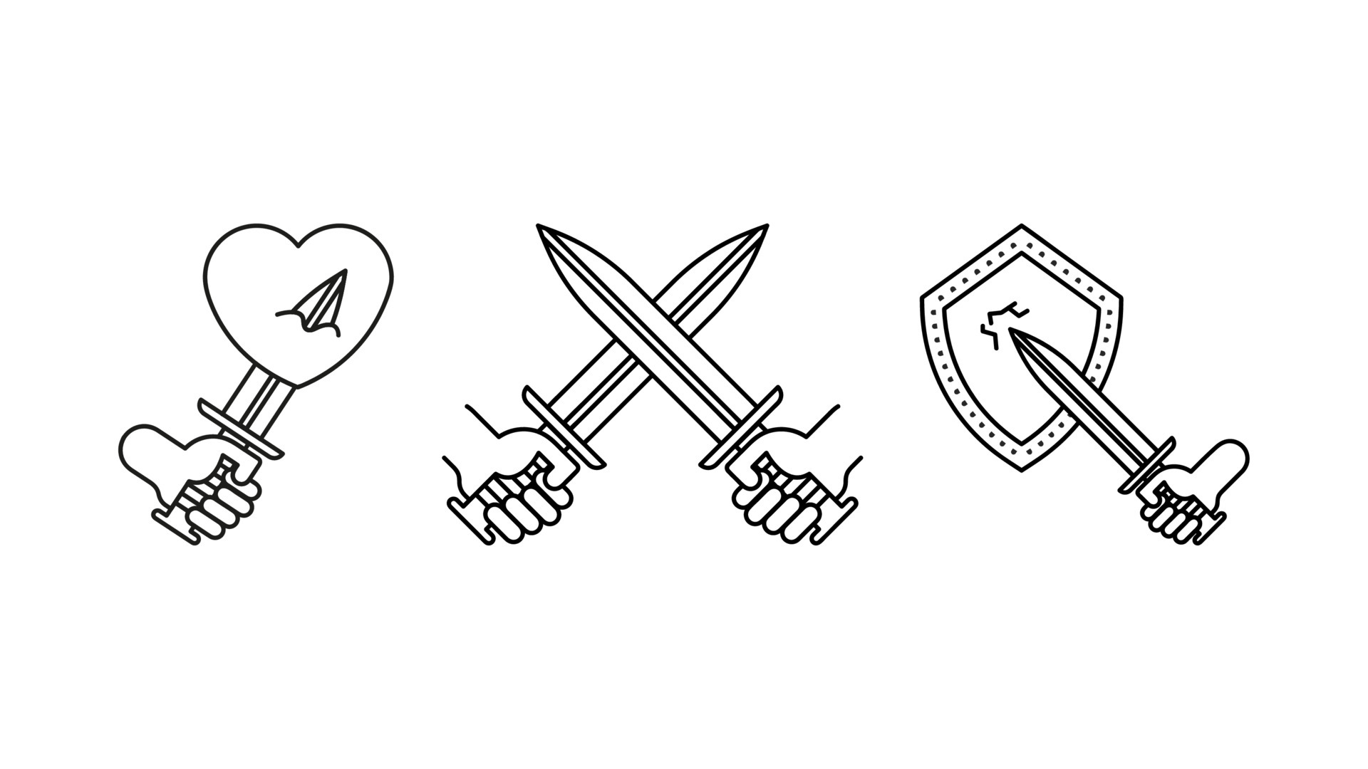 Crossed Sword Heart Stabbing Knife And Defense Barrier Line Icon Set Special Collection Linear crossed-sword-heart-stabbing-knife-and-defense-barrier-line-icon-set-special-collection-linear