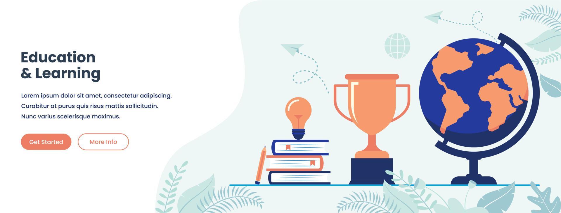Education and learning banner template. Globe, trophy, books, light ...