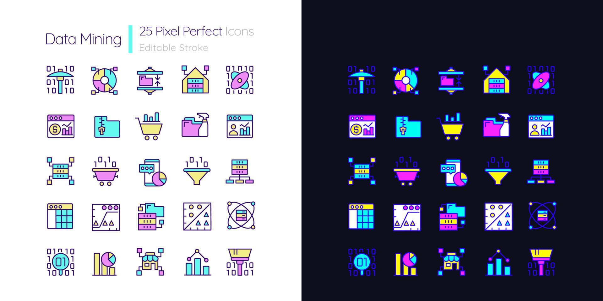Data mining light and dark theme RGB color pixel perfect icons set. Knowledge discovering in ...
