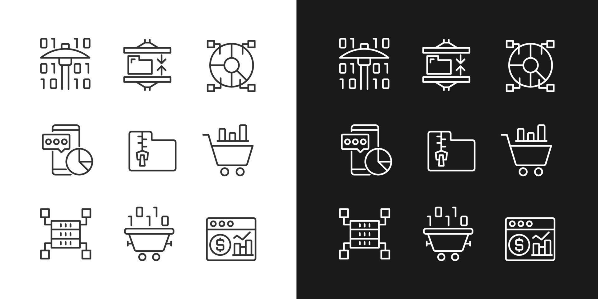 Data mining processes linear pixel perfect icons set for dark and light mode. Machine learning ...