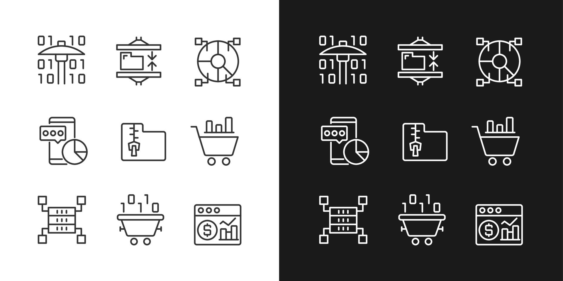 Data mining processes linear pixel perfect icons set for dark and light ...
