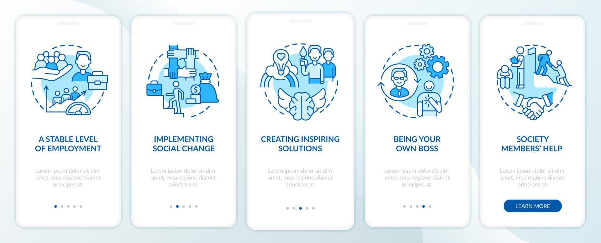 Benefits Of Social Entrepreneurship Blue Onboarding Mobile App Page Screen Walkthrough 5 Steps