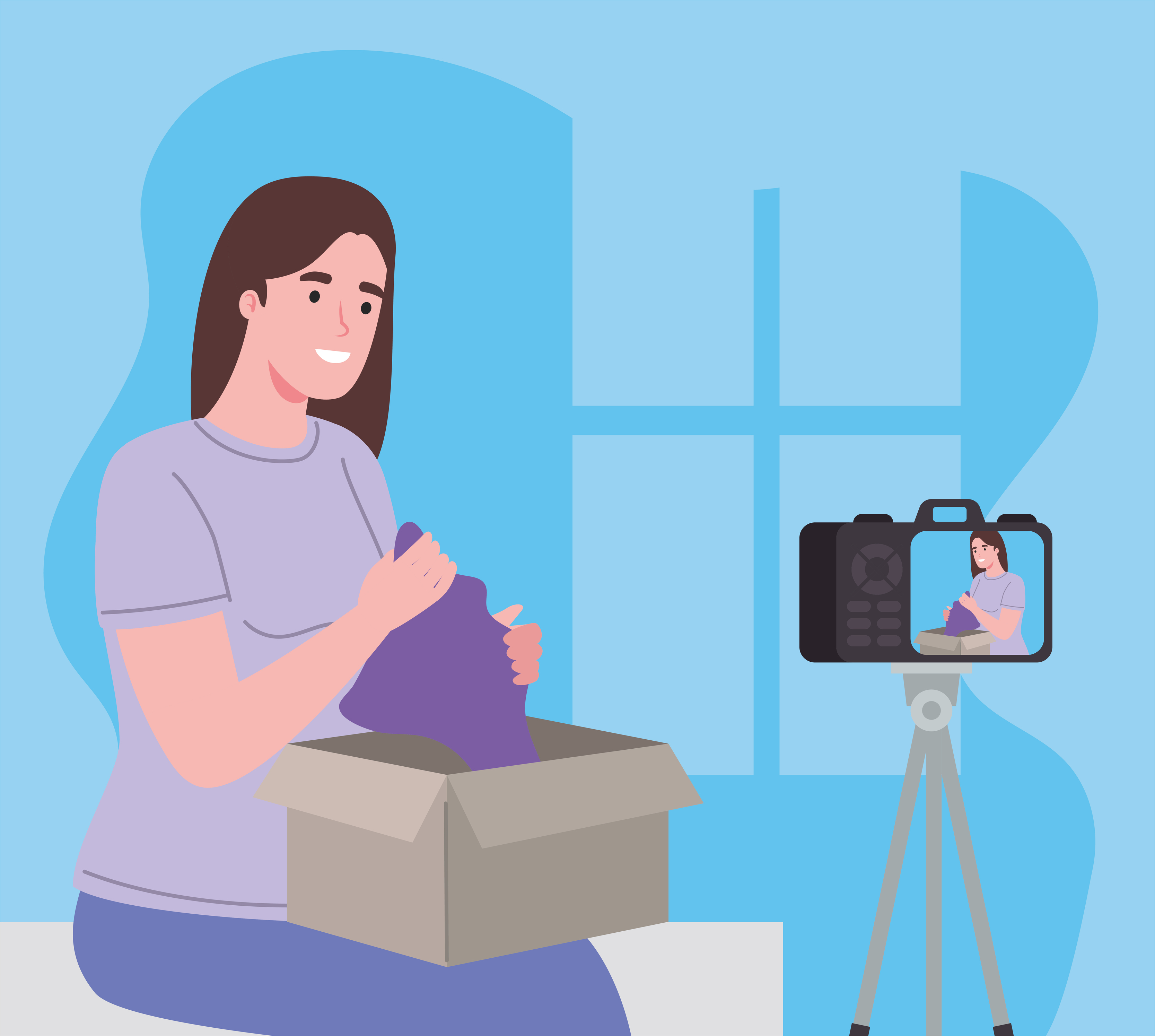 woman creator of content, opening box 5263019 Vector Art at Vecteezy