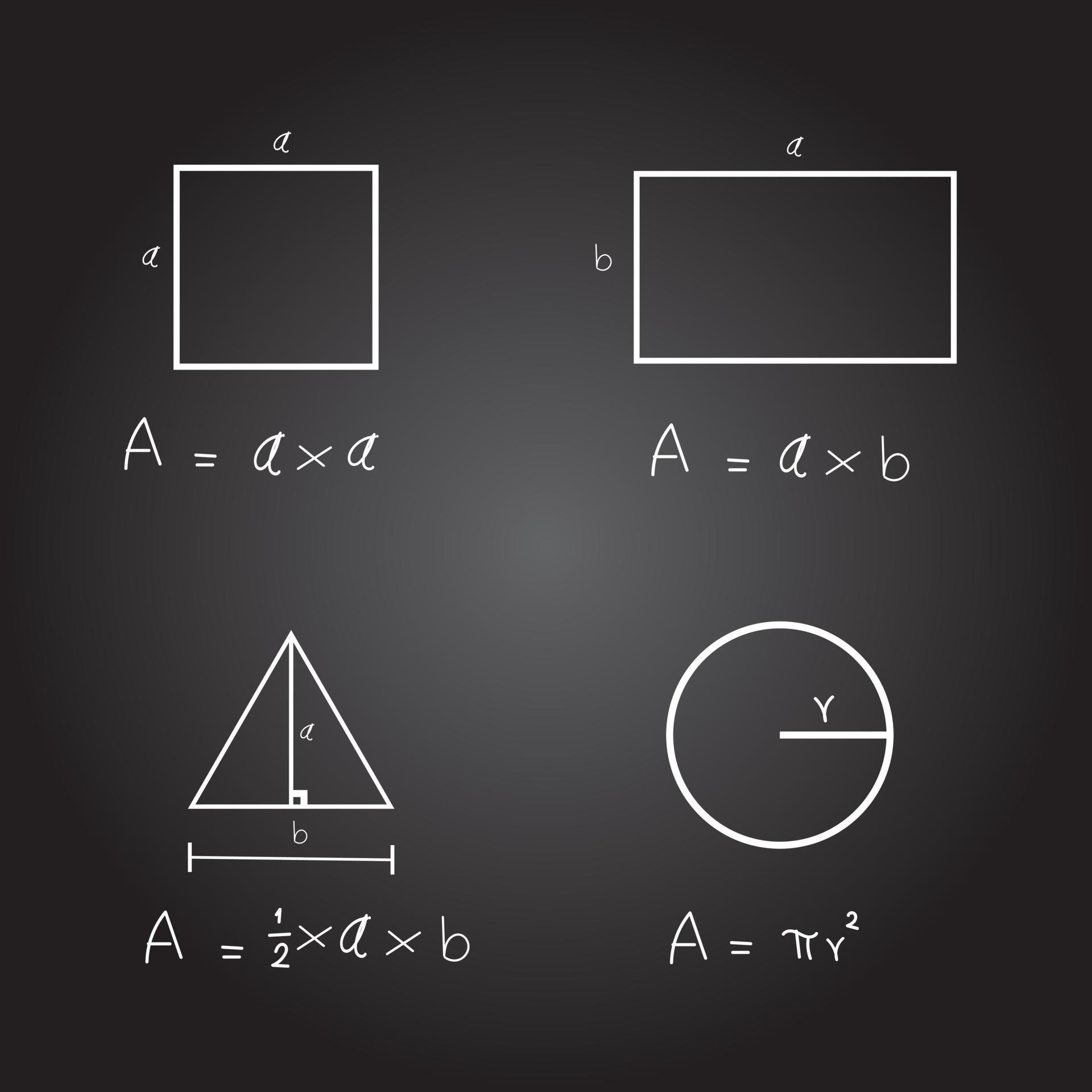Hand written formula area of rectangular, triangle and circle on black ...