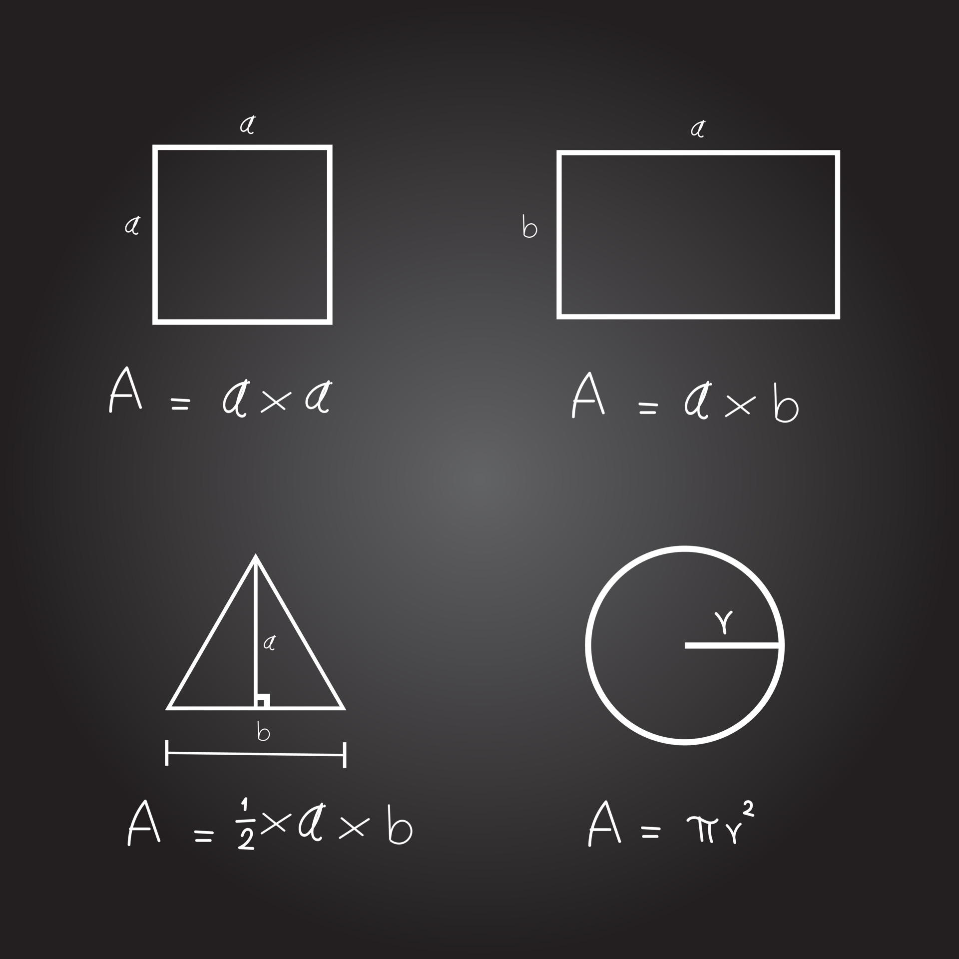 Hand written formula area of rectangular, triangle and circle on black ...
