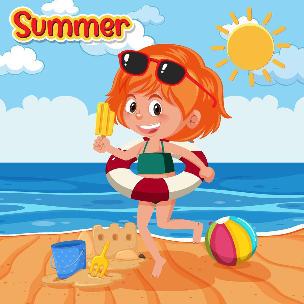 Happy girl in summer beach theme 5268721 Vector Art at Vecteezy