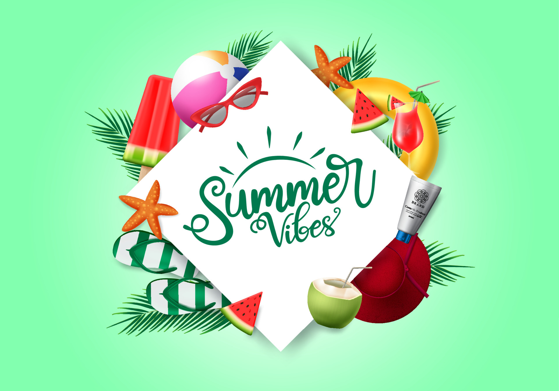 Summer vibes vector banner template. Summer vibes text with beach ...