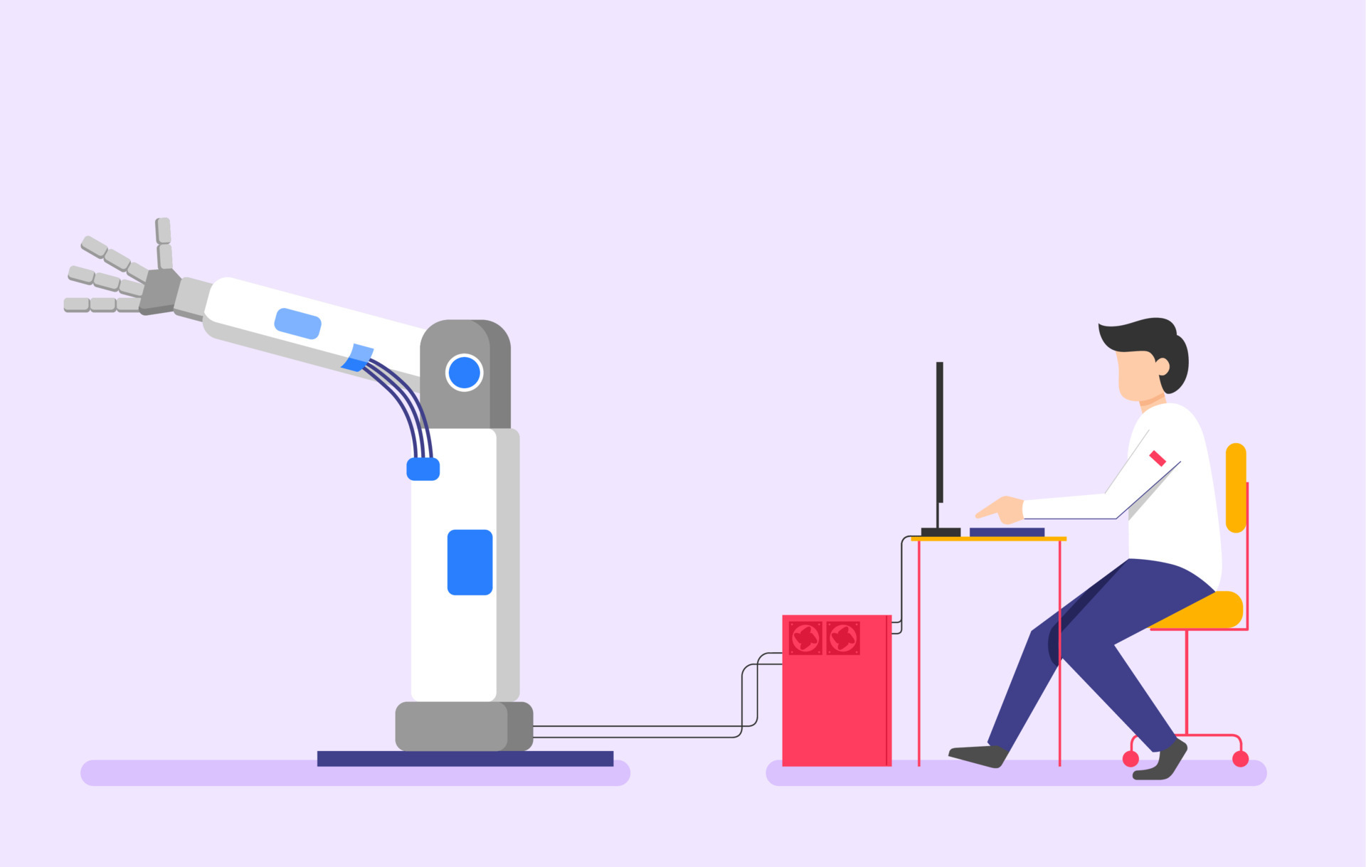 male researcher in white clothes program a robot in his computer ...