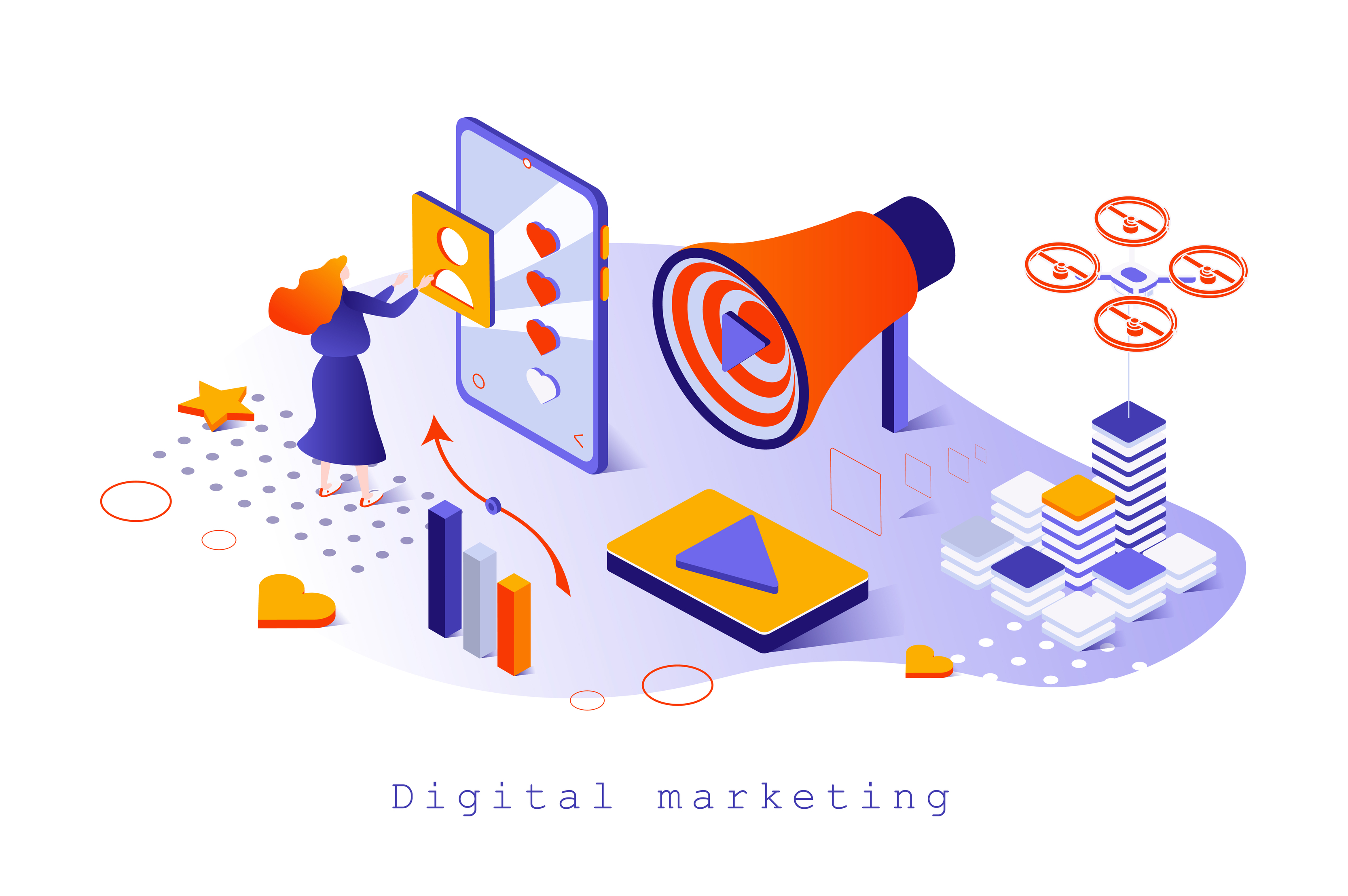 Digital marketing concept in 3d isometric design. Marketer doing data ... Digital marketing concept in 3d isometric design. Marketer doing data ...