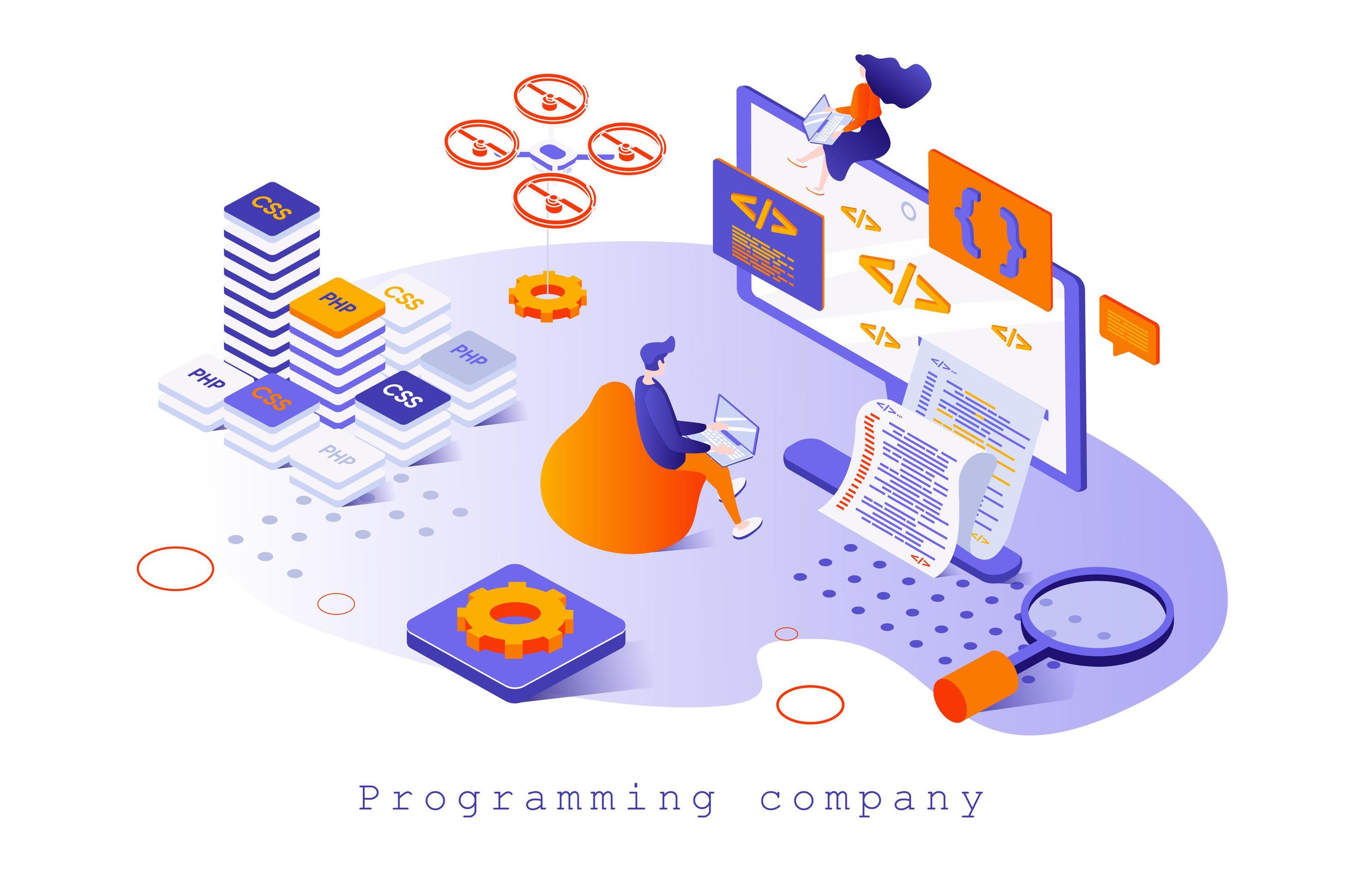 Programming company concept in 3d isometric design. Developer coding ...