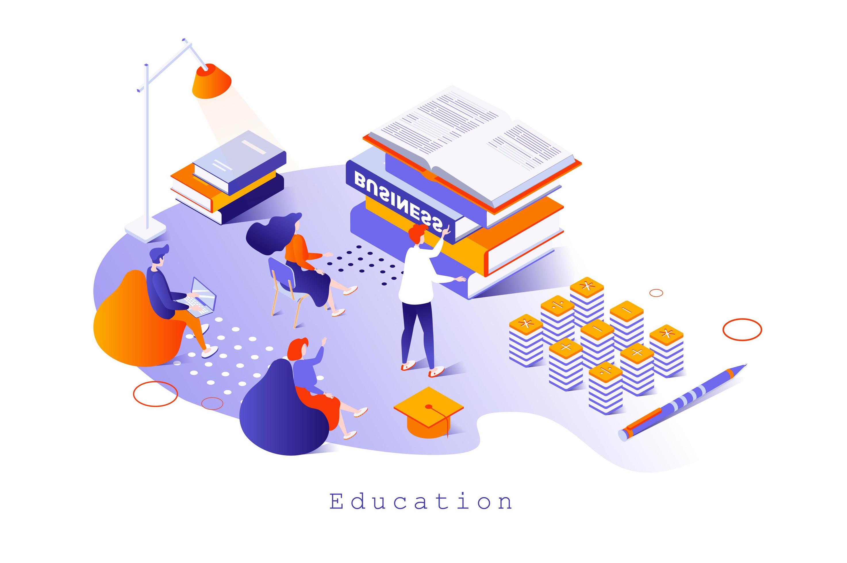 Education concept in 3d isometric design. Students and pupils read ...