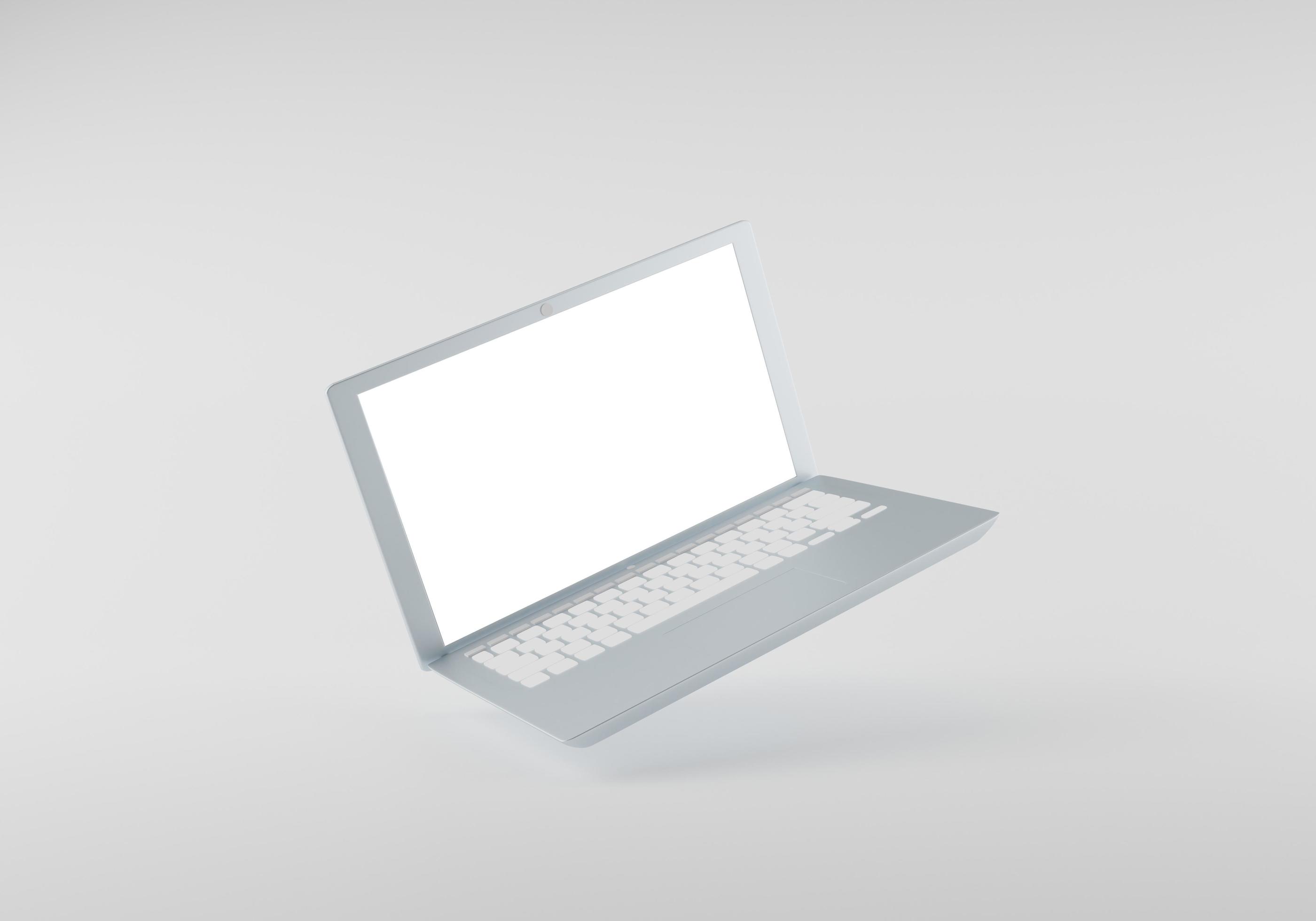 Laptop 3d computer blank white screen mockup on white background ...
