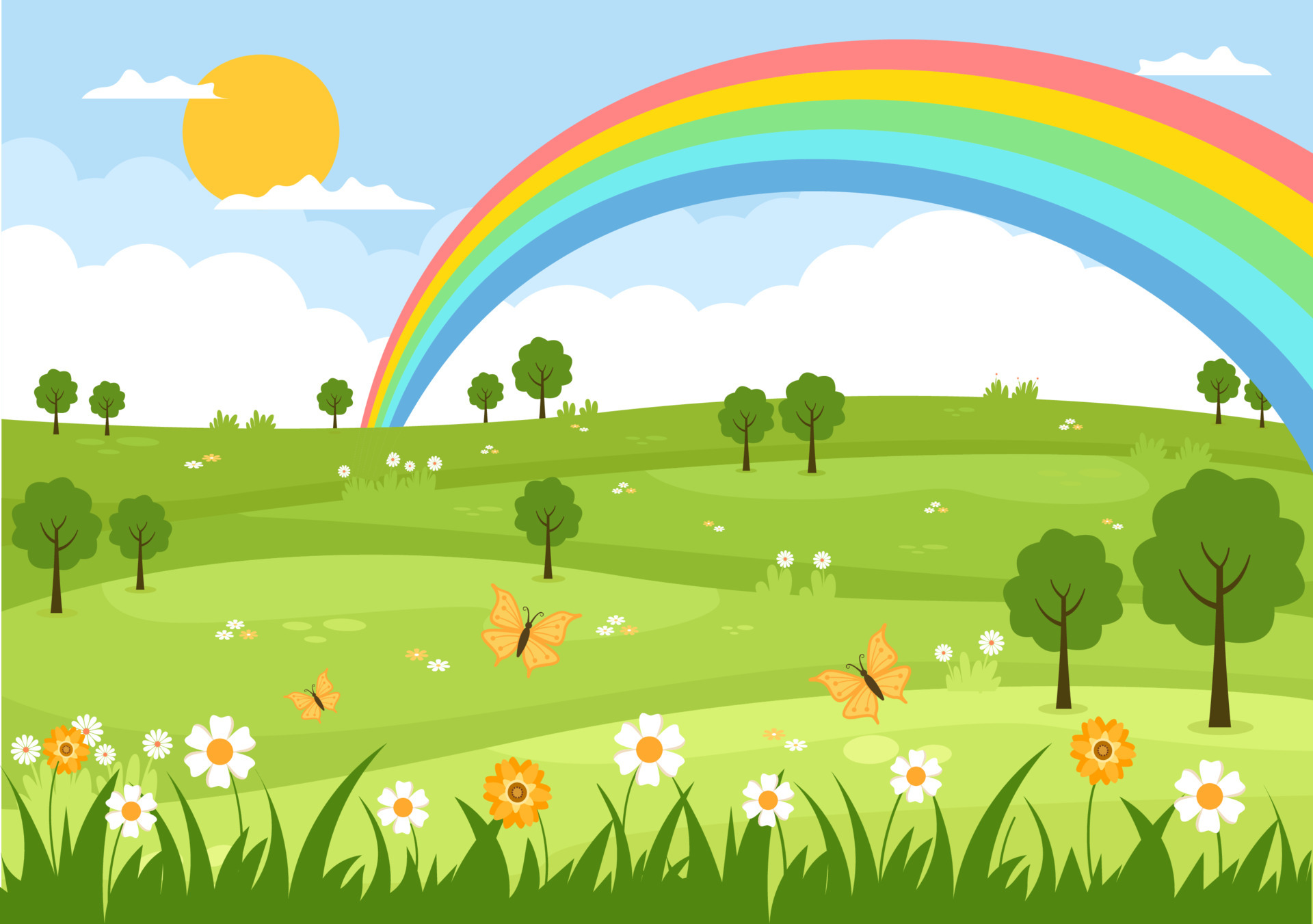 Spring Time Landscape Background with Flowers Season, Rainbow and Plant ...