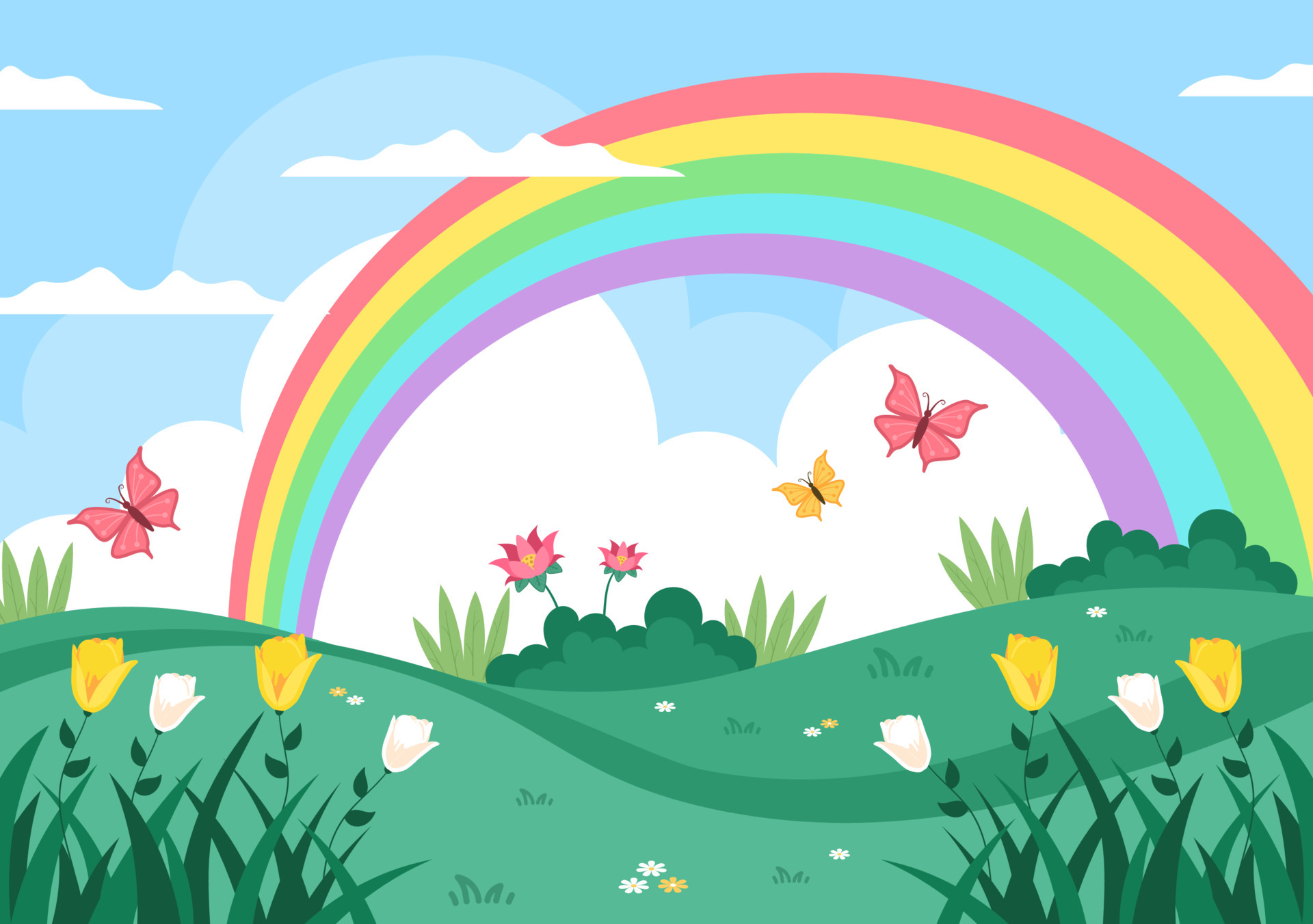Spring Time Landscape Background with Flowers Season, Rainbow and Plant ...