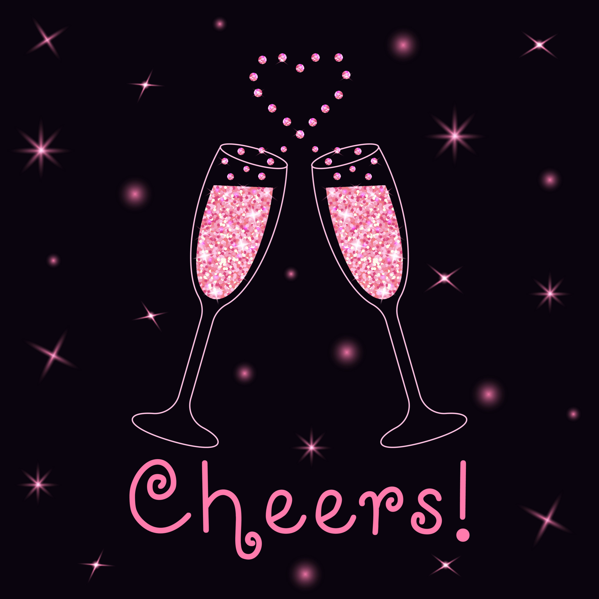 Two Sparkling Glasses Of Champagne With Pink Glitter And Heart Shaped Splash Cheers Lettering