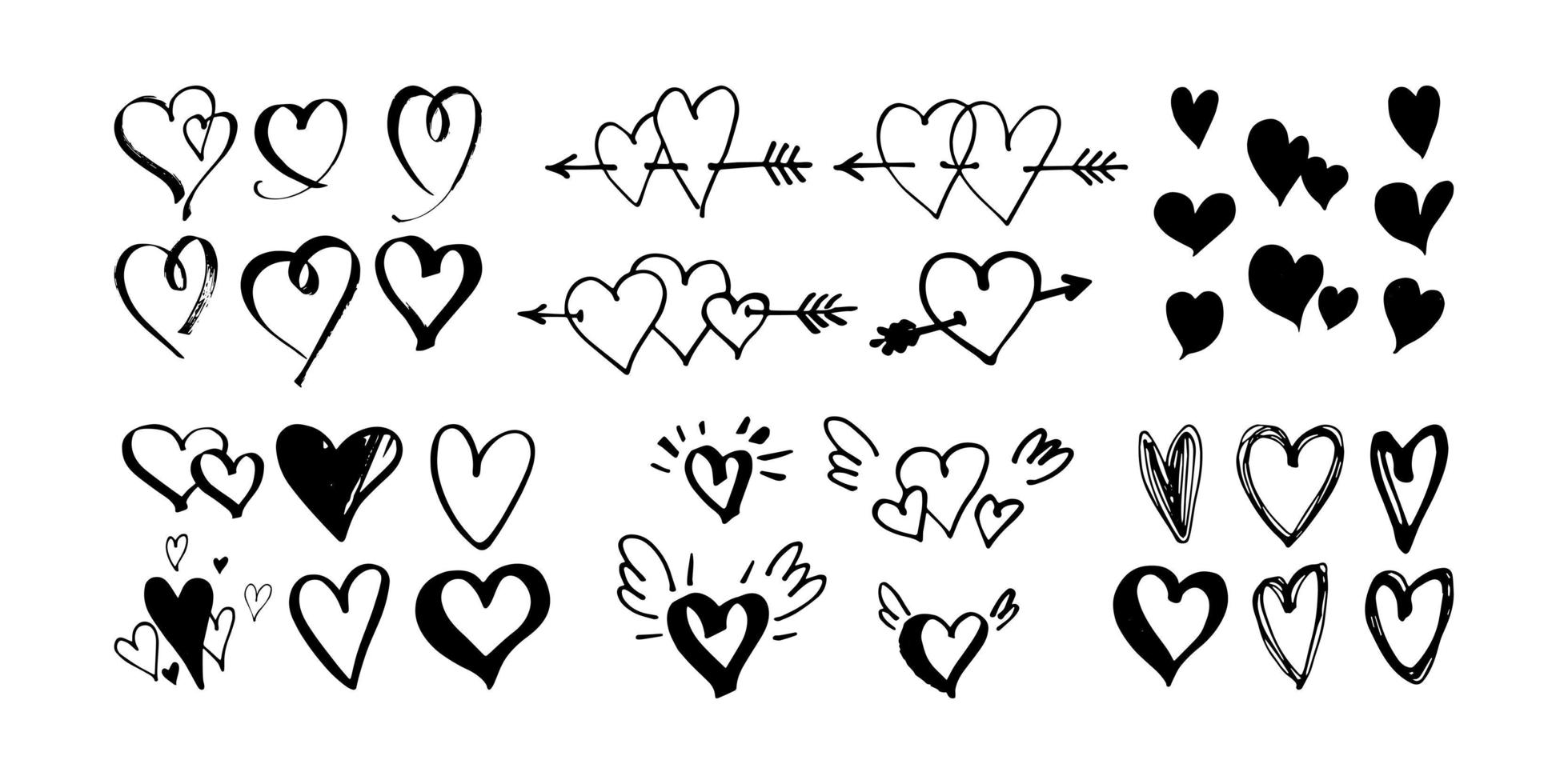 Hand drawn hearts with little wings and pierced with arrow. Symbol of ...