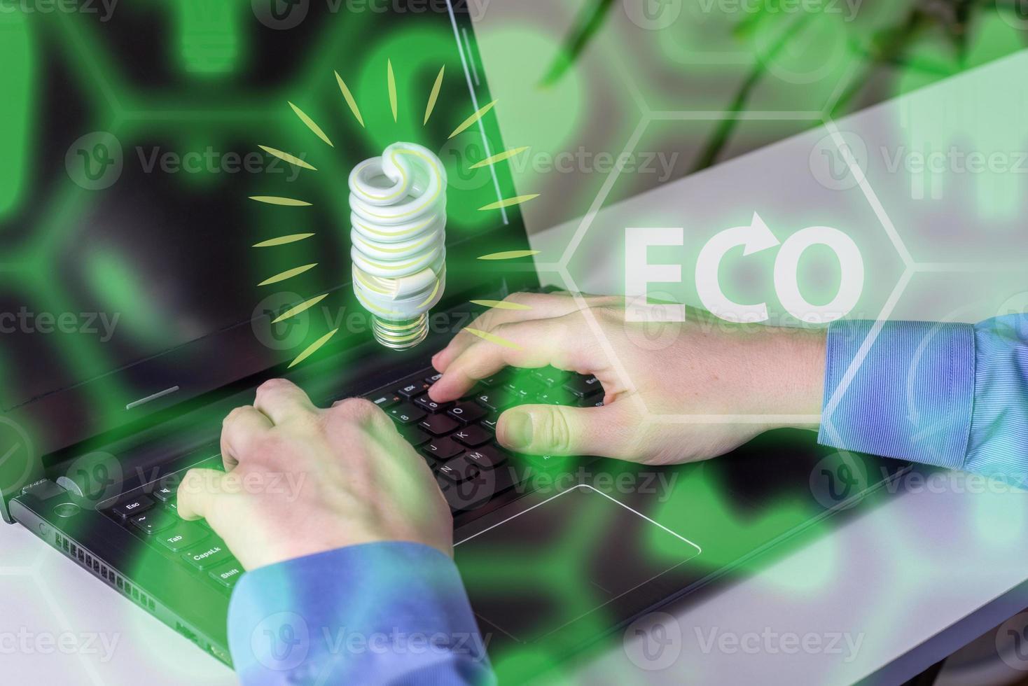 Hand use laptop computer with environment Icons over the Network ...