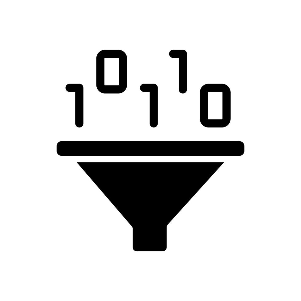 Filter for data mining black glyph icon. Binary code and funnel. Analyze technology for data ...