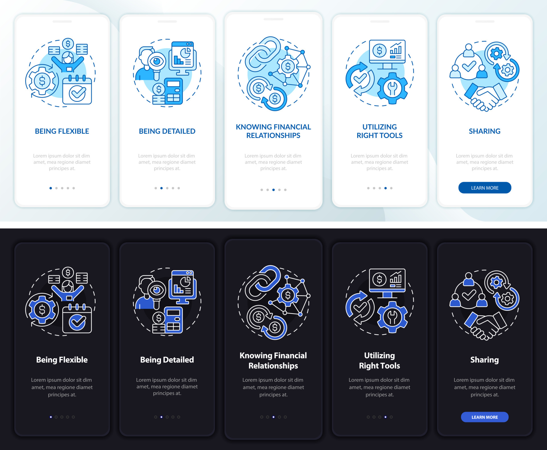 Company Budget Night And Day Mode Onboarding Mobile App Screen Walkthrough 5 Steps Graphic