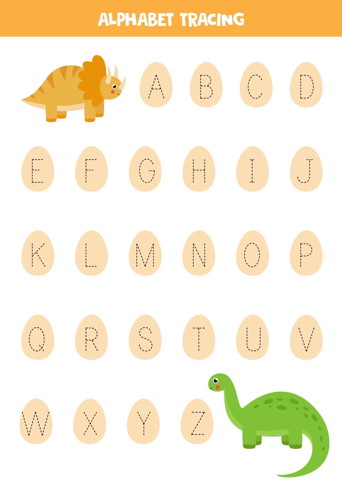 Tracing letters of English alphabet. Worksheet with cute dinosaurs ...