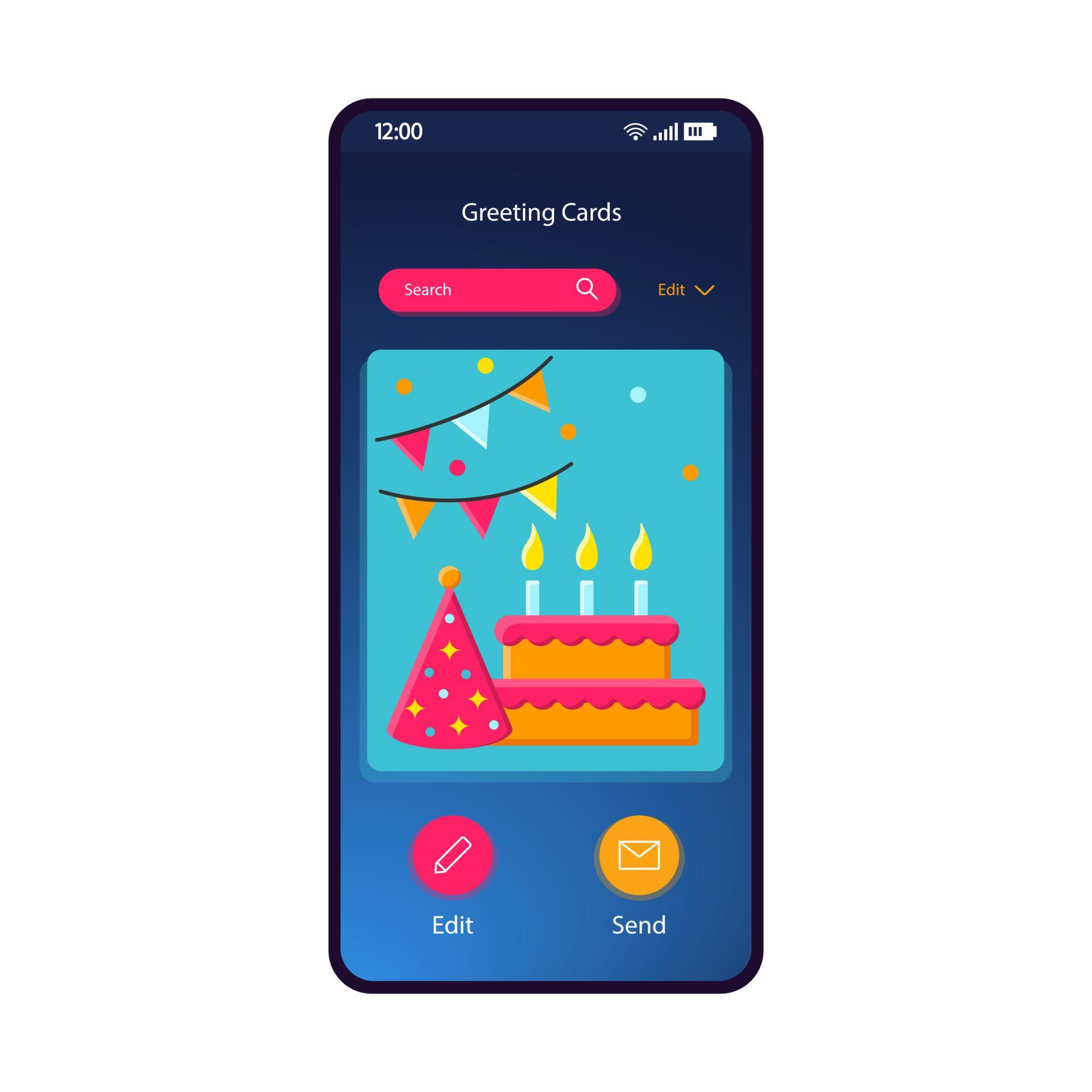 Greeting cards gallery smartphone interface vector template. Mobile app ...
