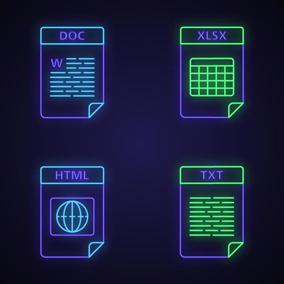 Files format neon light icons set. Text, web and data files. DOC, XLSX, HTML, TXT. Glowing signs ...